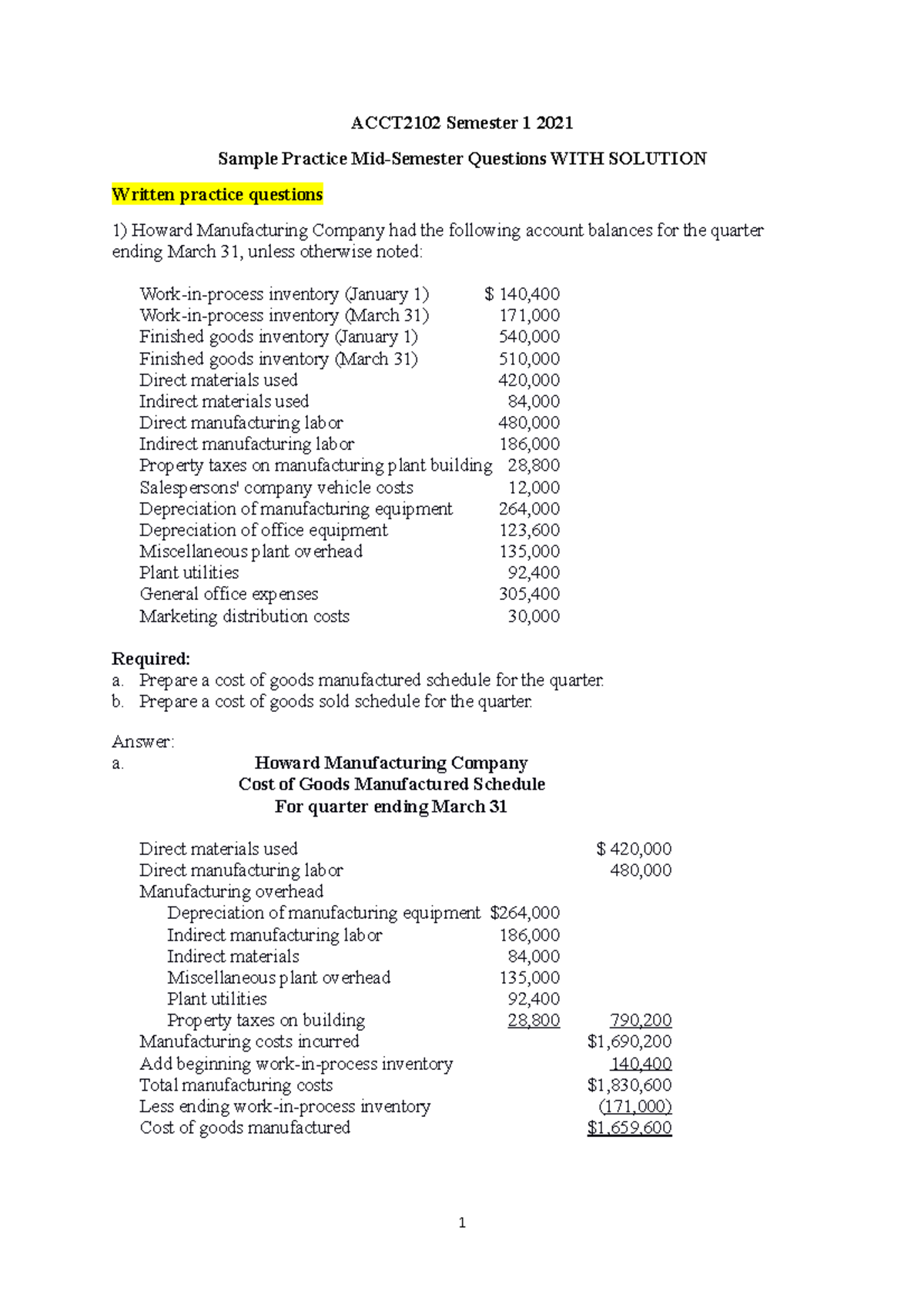 Sample Midterm Questions & Solutions for ACCT2102 Semester 1 2021 - Studocu