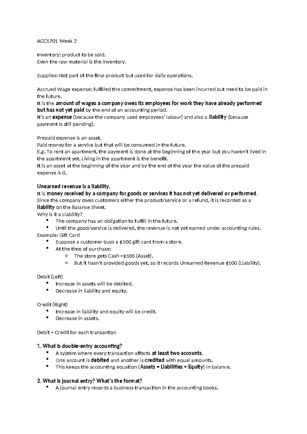 ACC1701 Week 2 Inventory and Accounting Concepts Overview - Studocu