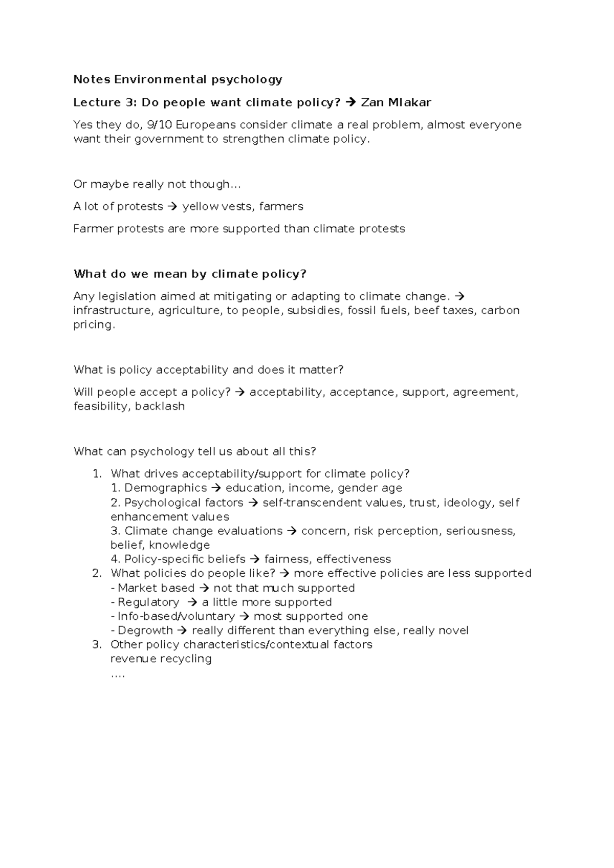 Environmental Psychology Lecture 3 Notes: Climate Policy Perspectives ...