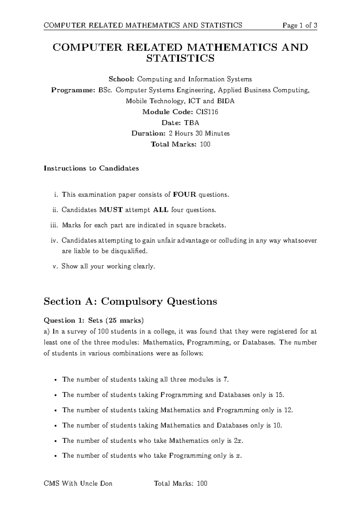 CIS116 Final Exam: Computer Related Mathematics & Statistics - Studocu
