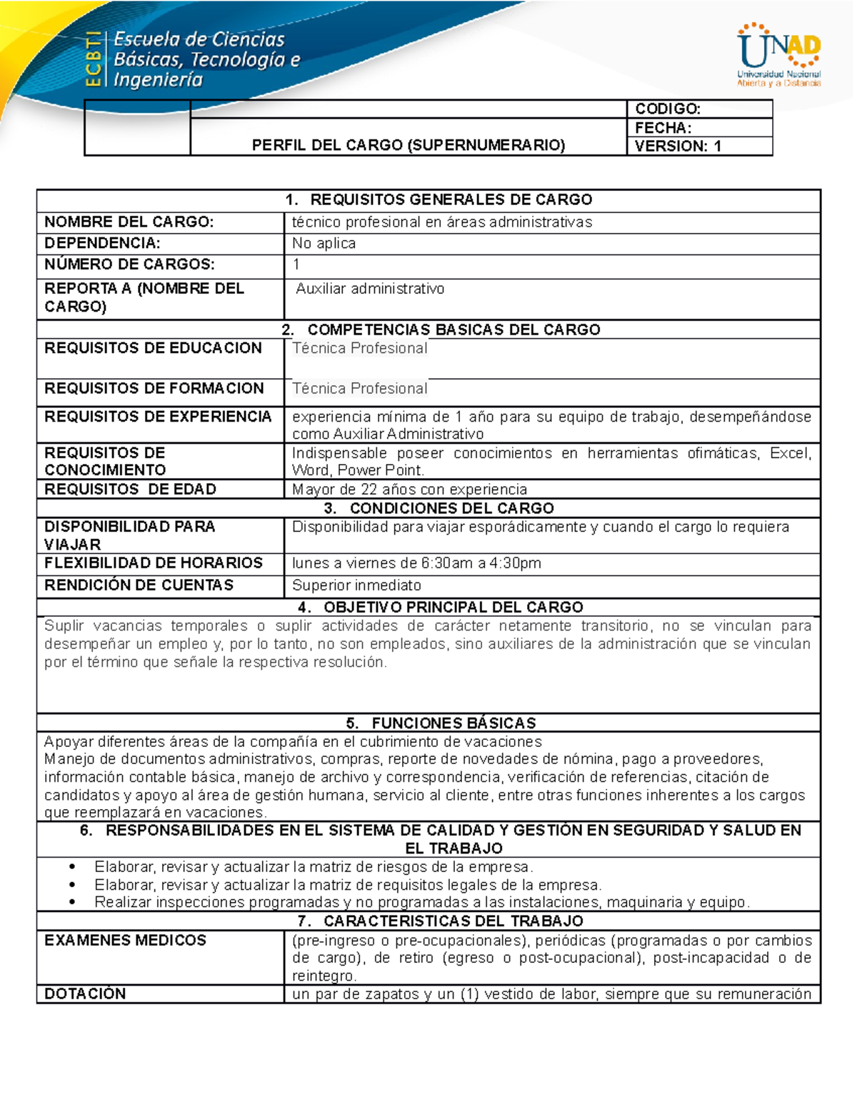 Perfil del Cargo: Supernumerario para Auxiliar Administrativo - Studocu