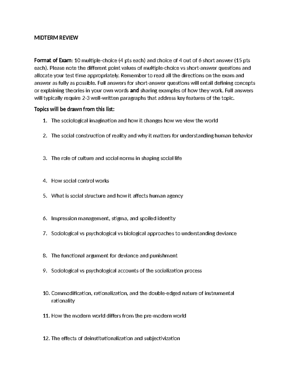 Sociology 101: Midterm Exam Review Guide & Key Topics - Studocu