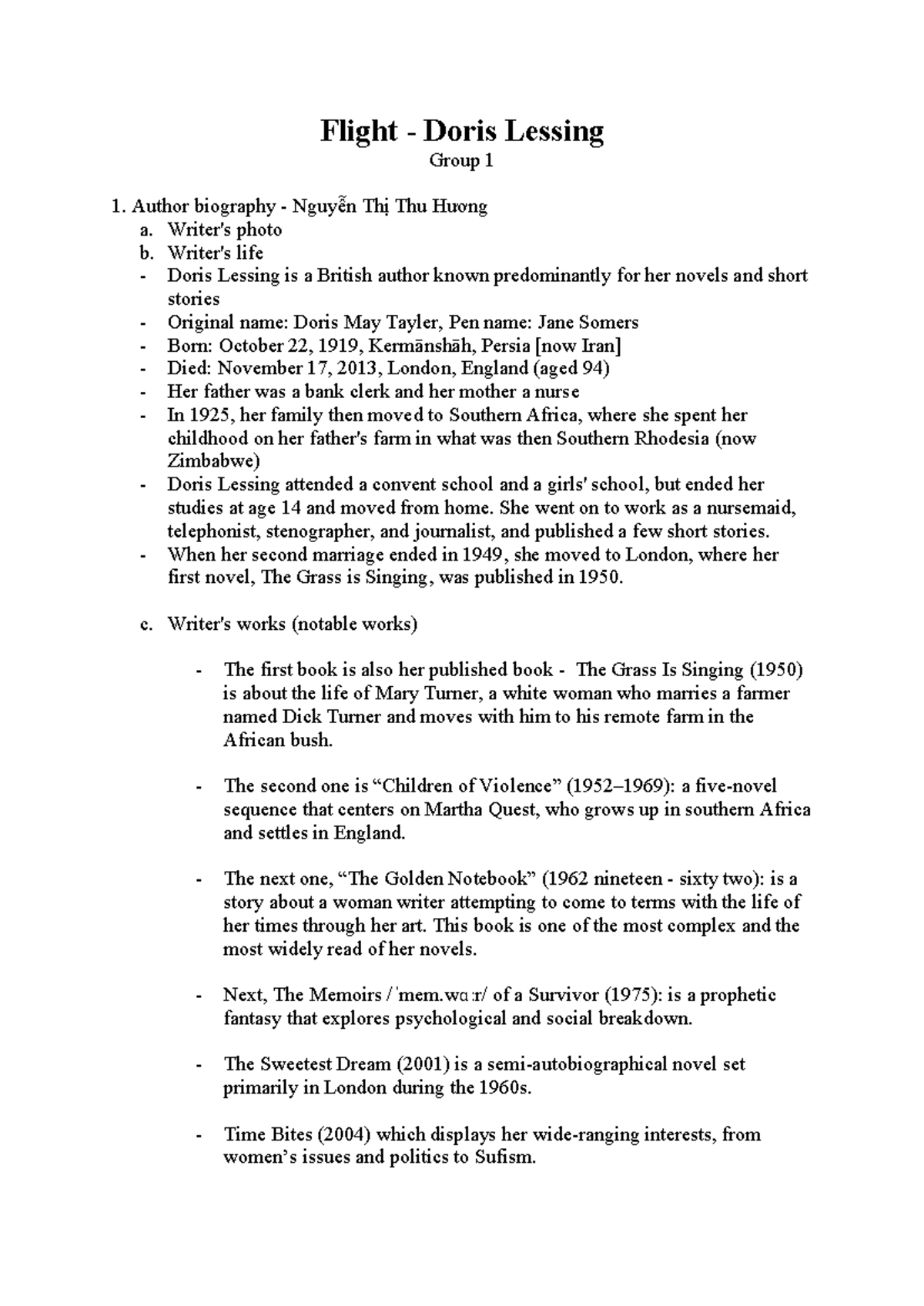 Handout Lit - gjkfi - Flight - Doris Lessing Group 1 Author biography ...