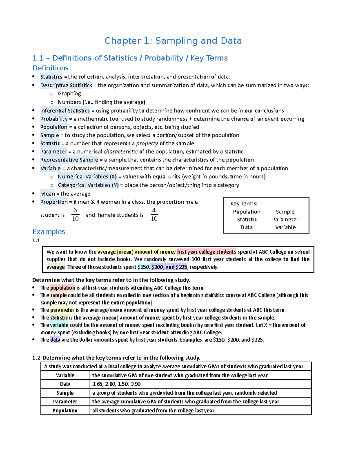 Introductory Statistics (Course Code: STAT101) Chapters 1 & 2 Notes ...