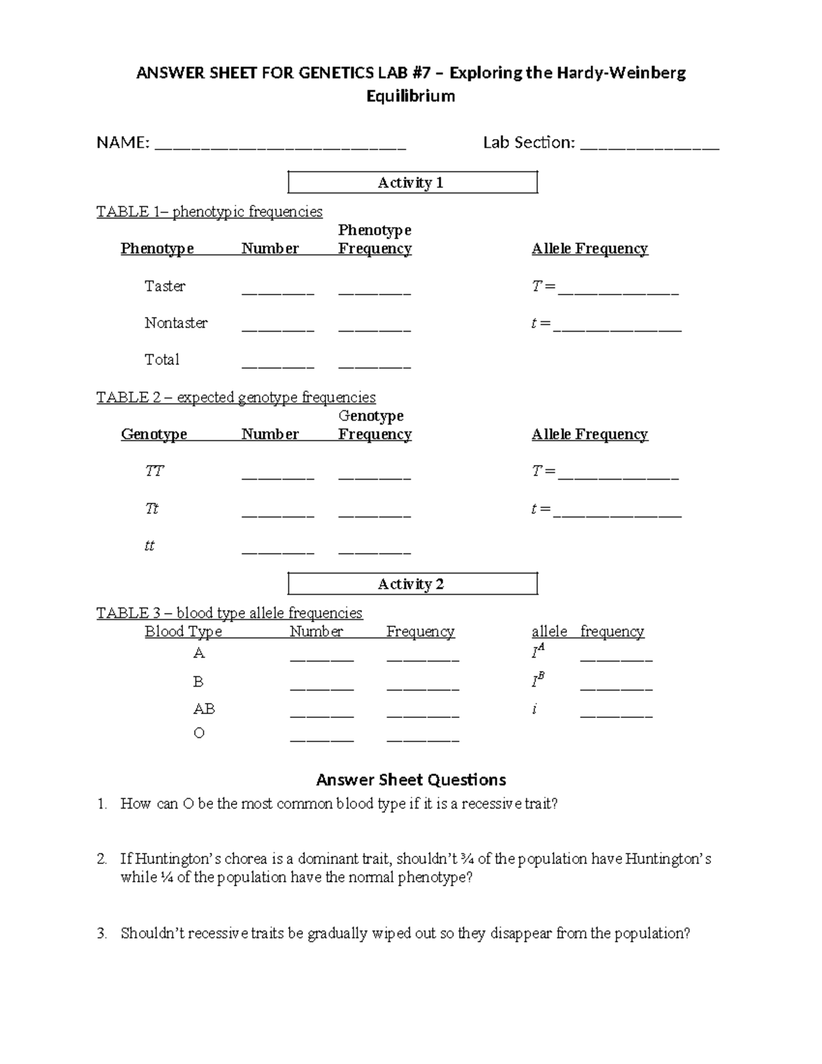 Genetics LAB #7 Answer Sheet: Hardy-Weinberg Equilibrium Analysis - Studocu