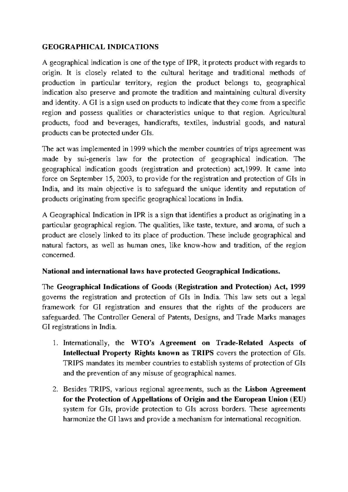 IPR Geographical Indications - UNIT 5 Overview and Importance - Studocu