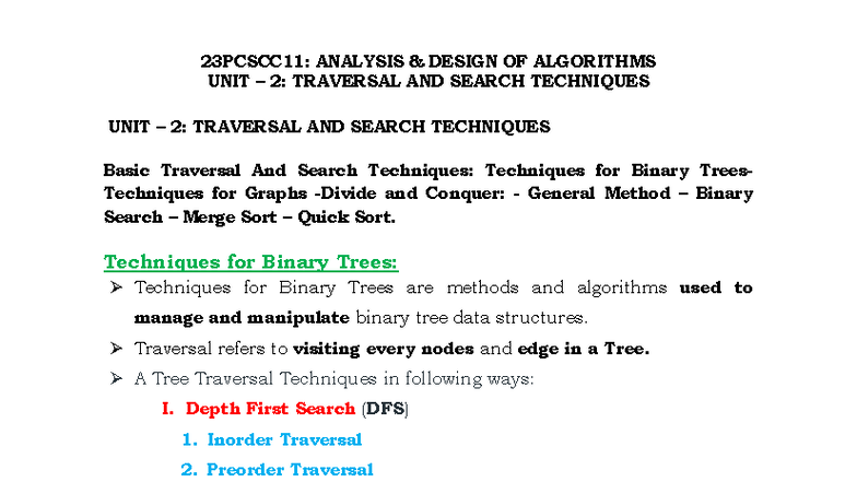 23PCSCC11: Analysis Design of Algorithms - Unit 2 Traversal & Search ...