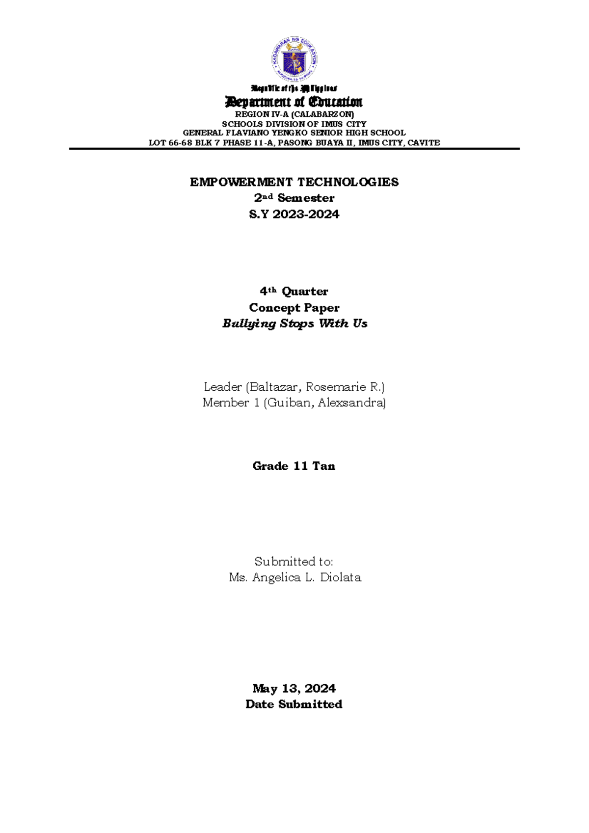 Concept Paper: Bullying Prevention Plan for Empowerment Tech (2nd Sem ...