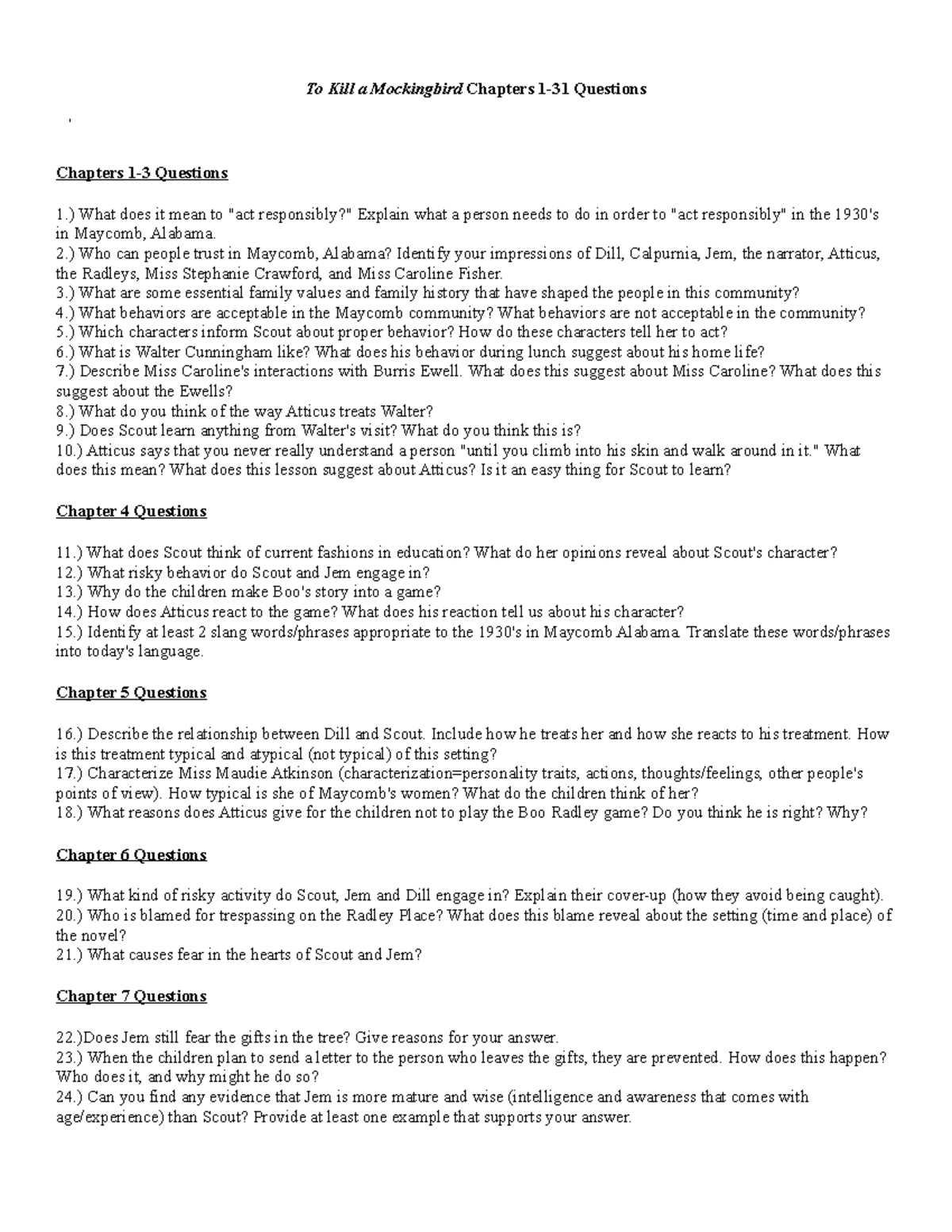 To Kill a Mockingbird Discussion Questions by Chapter (Chapters 1-31 ...