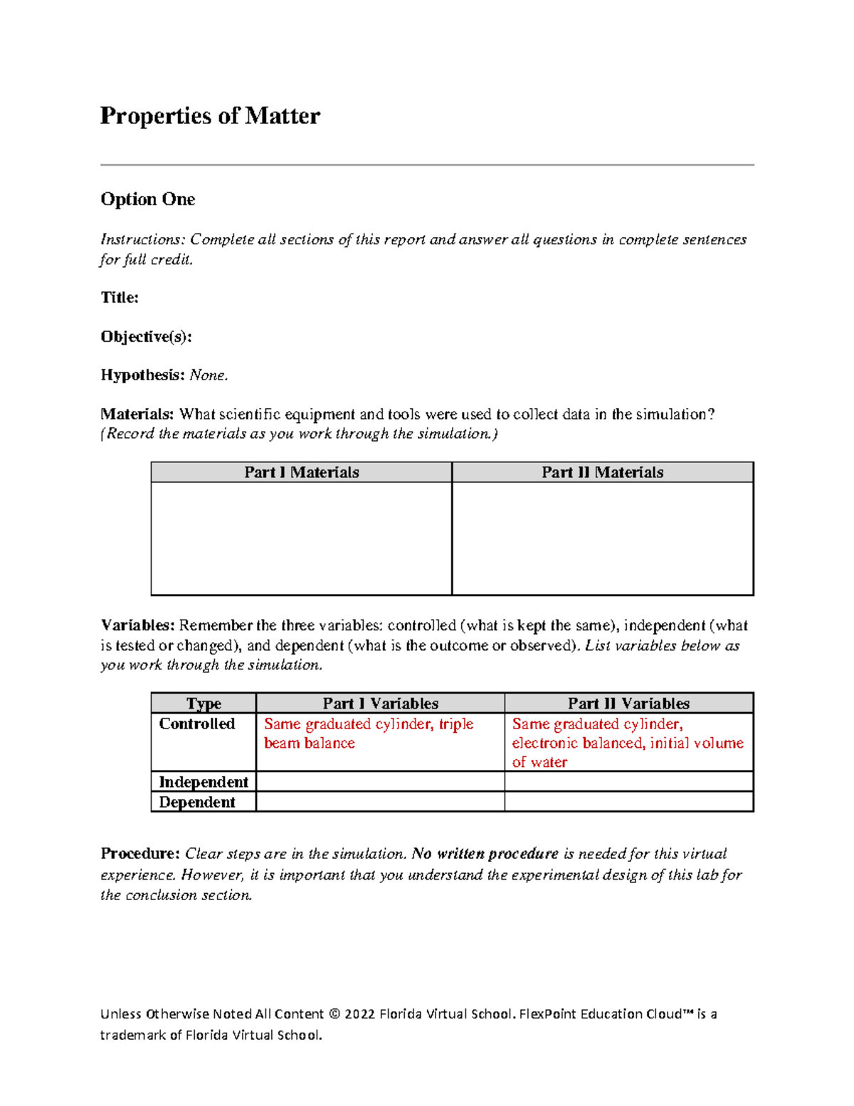 Properties of Matter Lab Report - 1.07 Chem - FLVS - Studocu