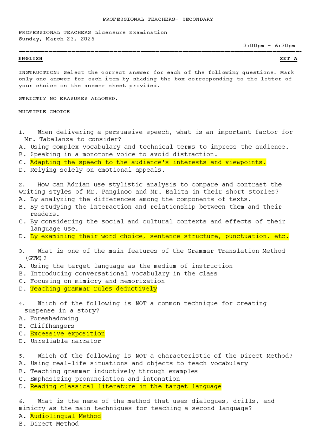 English LET Exam Sample Questions and Answers - Studocu
