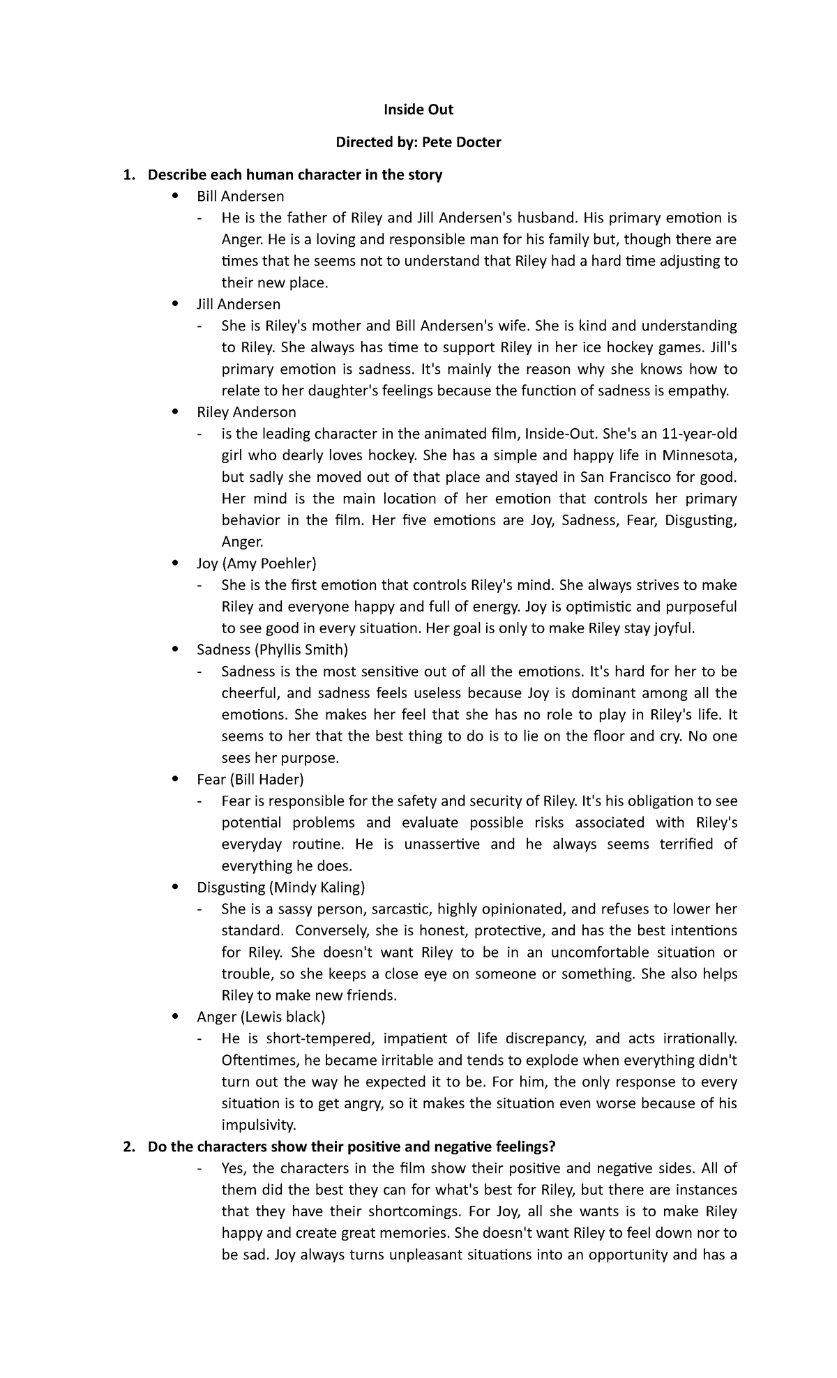 Inside Out (2015) Movie Summary & Character Analysis Notes - Studocu