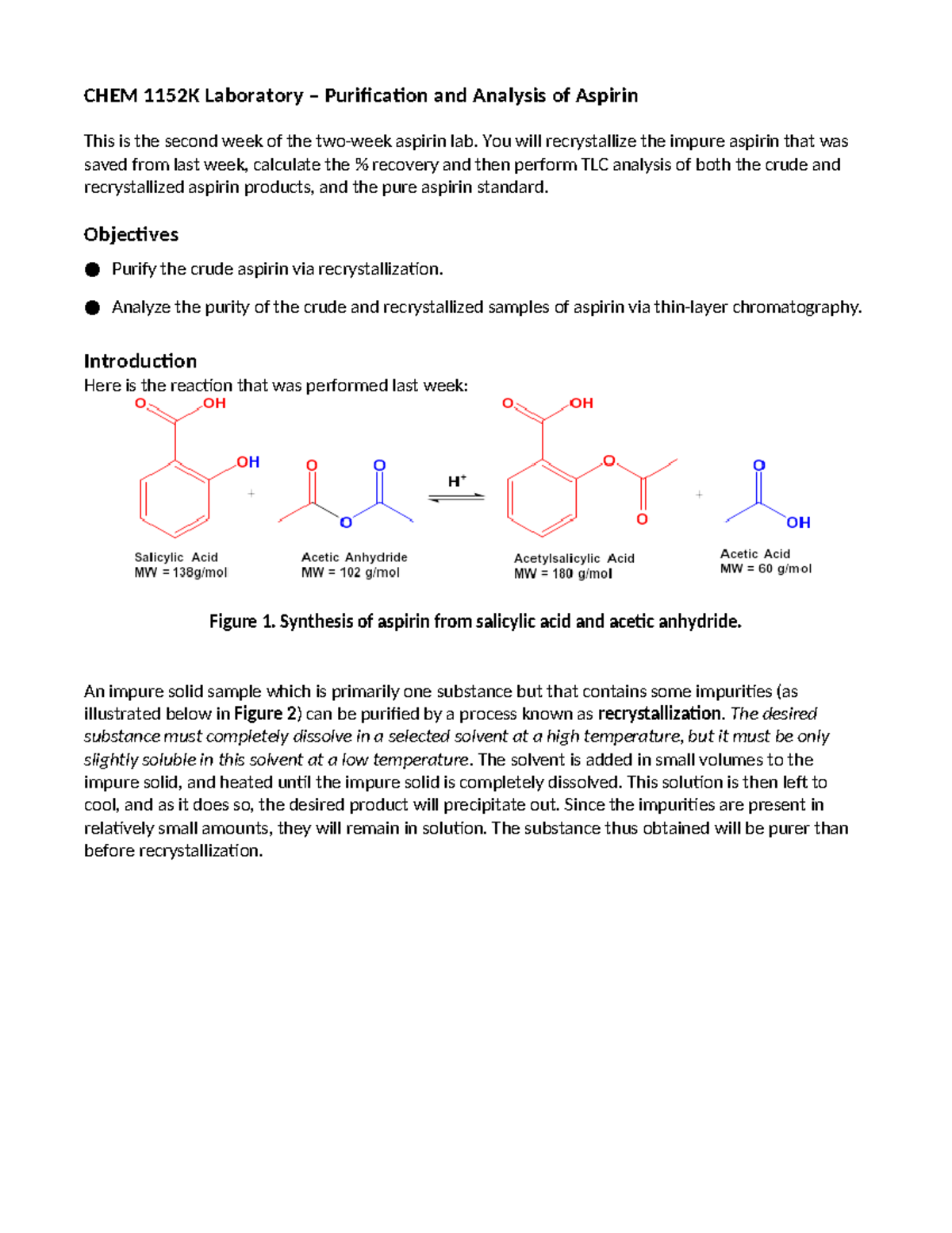 CHEM 1152K Lab 5: Purification & Analysis of Aspirin (Virtual) - Studocu