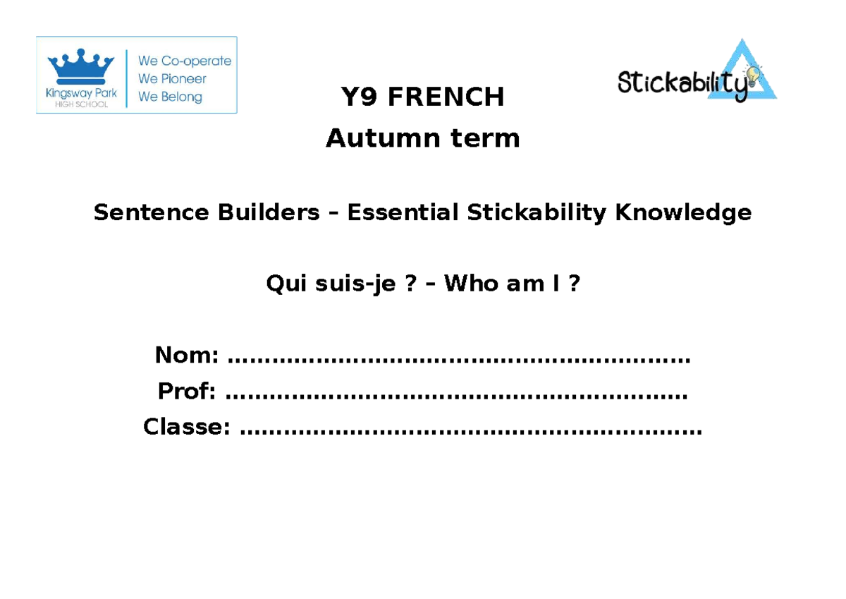 Theme 1 French Sentence Builders Family - Y9 FRENCH Autumn term ...