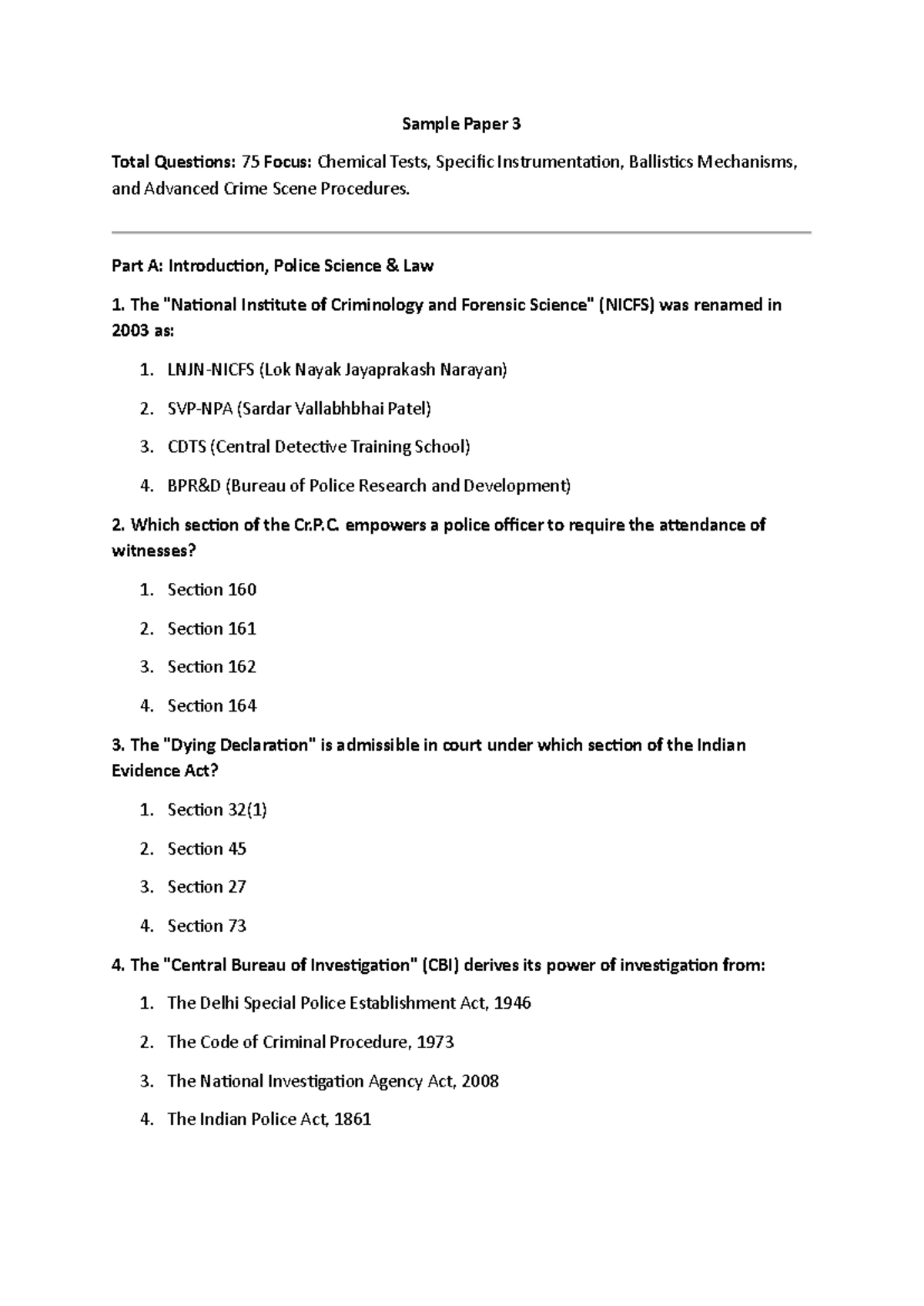 Sample Paper 3: Forensic Science Exam - Chemical Tests & Ballistics ...