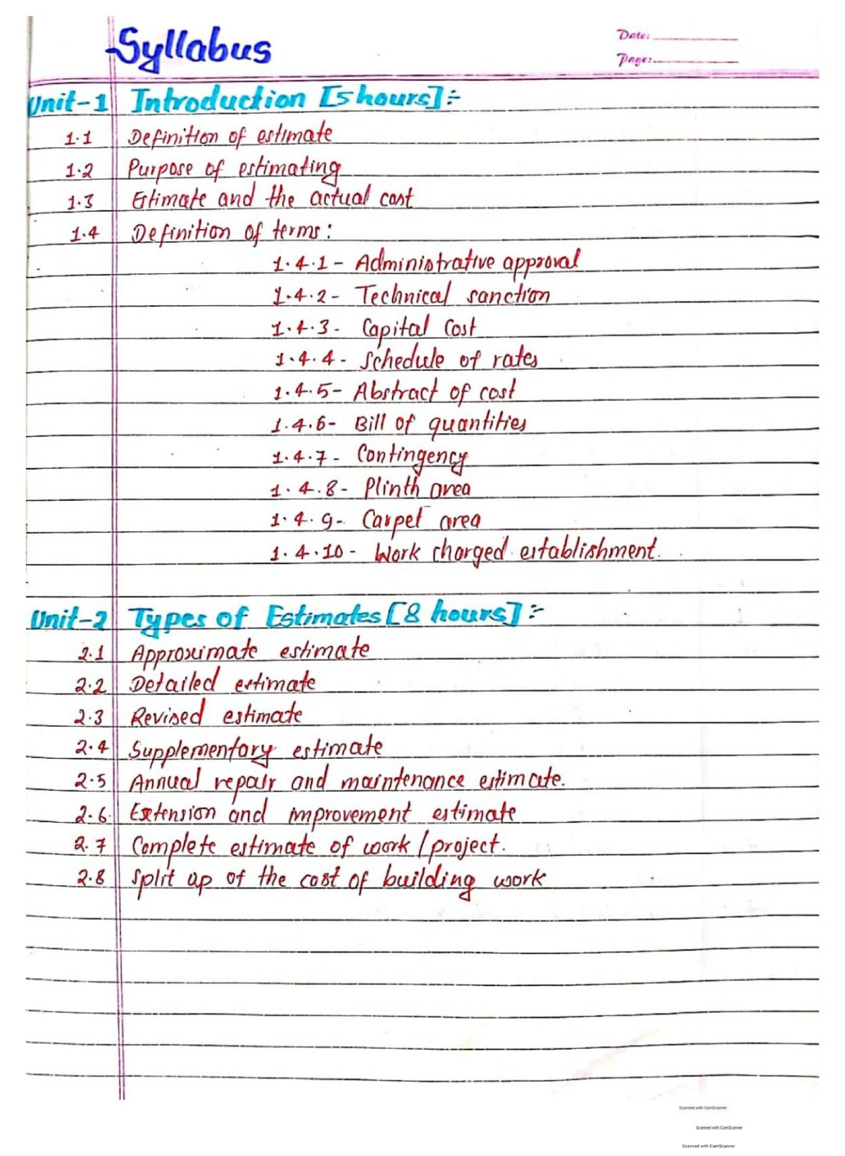 Estimating and Costing-I Class Notes: Comprehensive Guide to Building ...