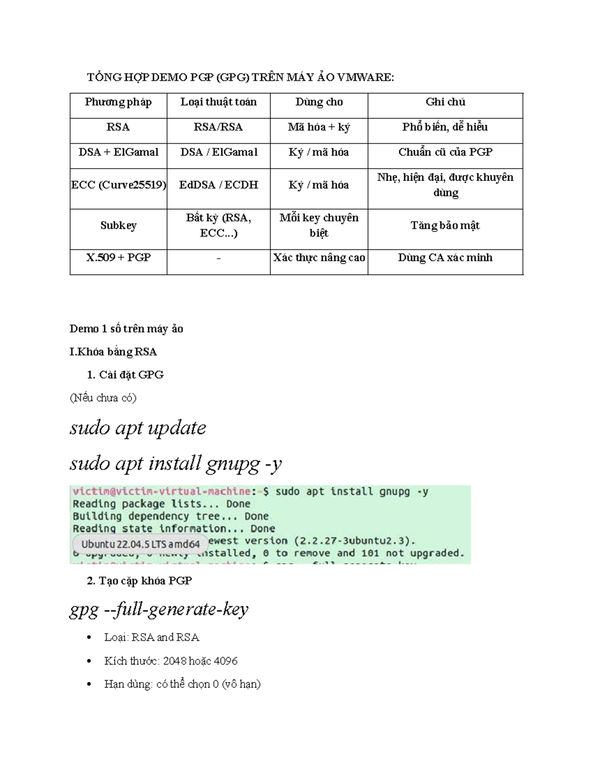 Hướng Dẫn Demo PGP (GPG) Trên VMware: Phương Pháp và Thuật Toán - Studocu