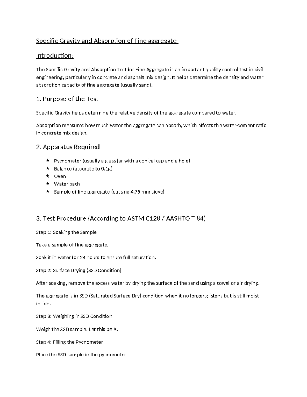 Specific Gravity & Absorption of Fine Aggregate - CE 101 Lab Report ...