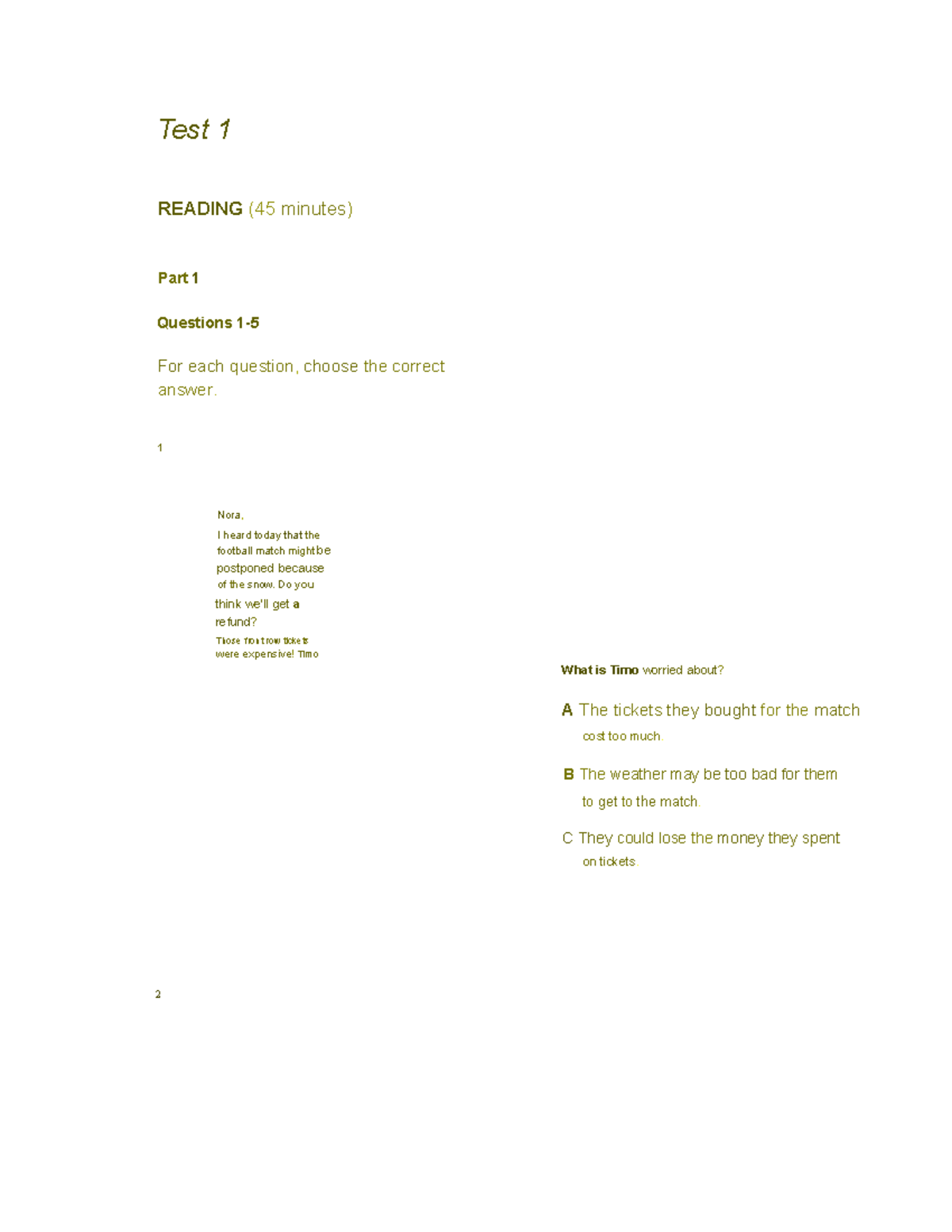 Test 1 Reading Comprehension Questions (B1 Level) - Studocu