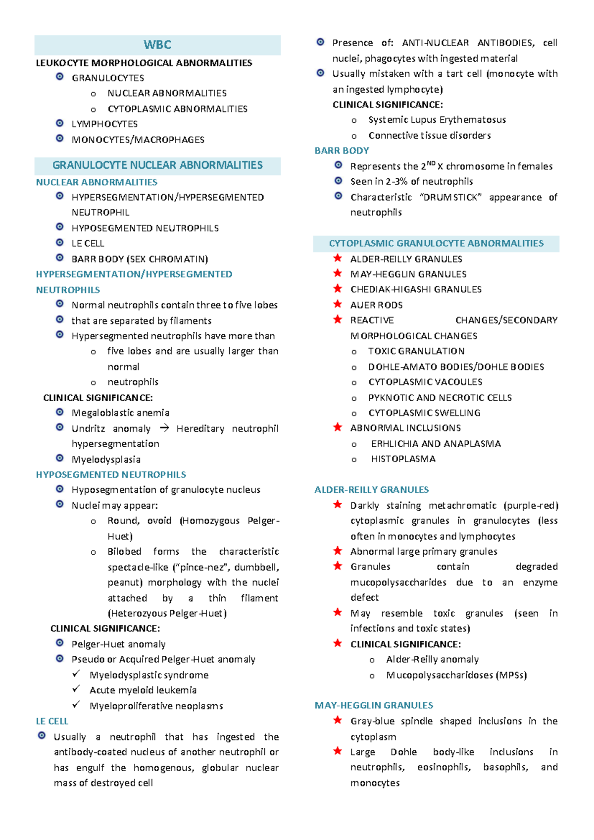 WBC Lecture notes - WBC LEUKOCYTE MORPHOLOGICAL ABNORMALITIES ...