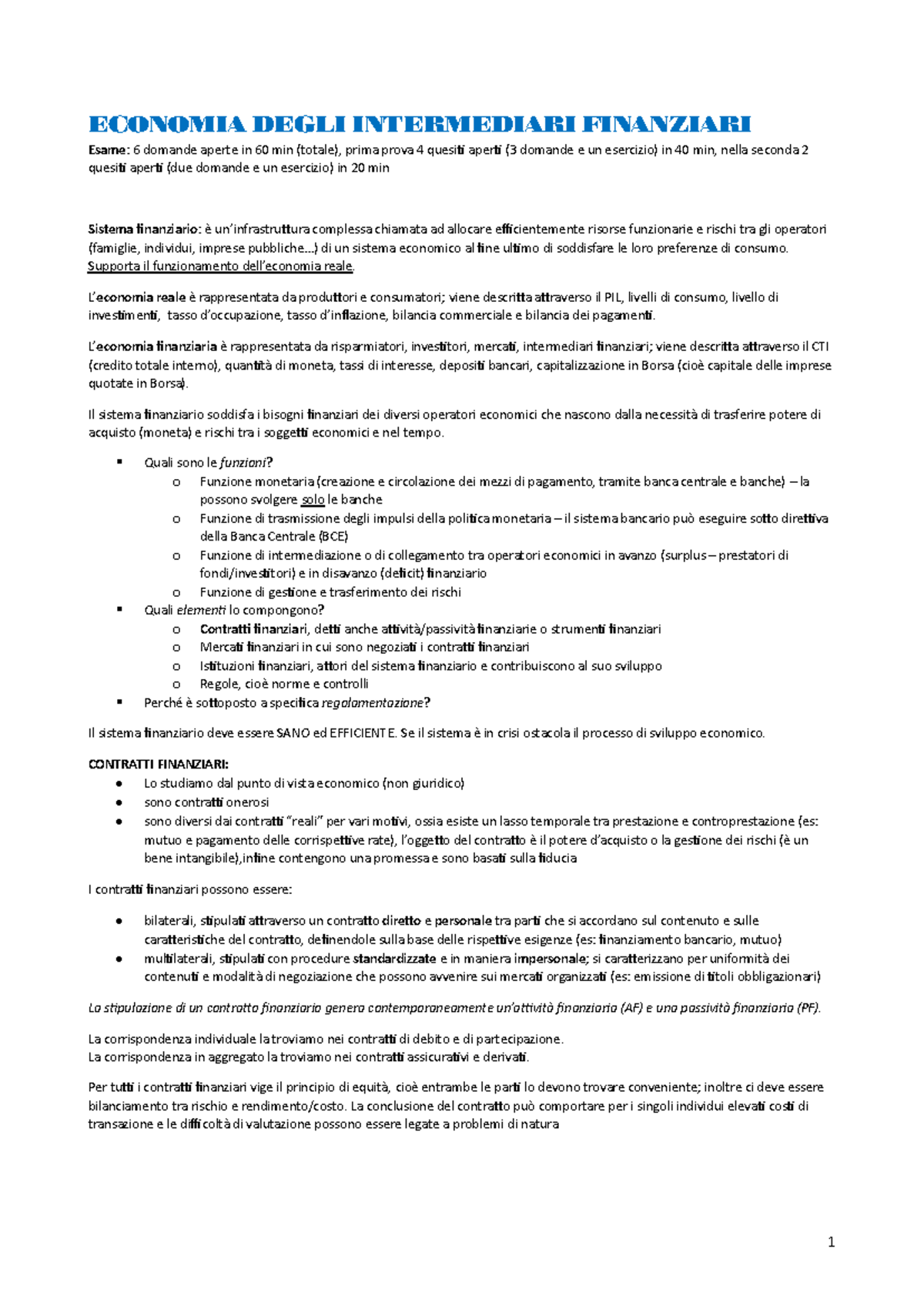 ECONOMIA DEGLI INTERMEDIARI FINANZIARI - Appunti Esame 1^ Parziale ...
