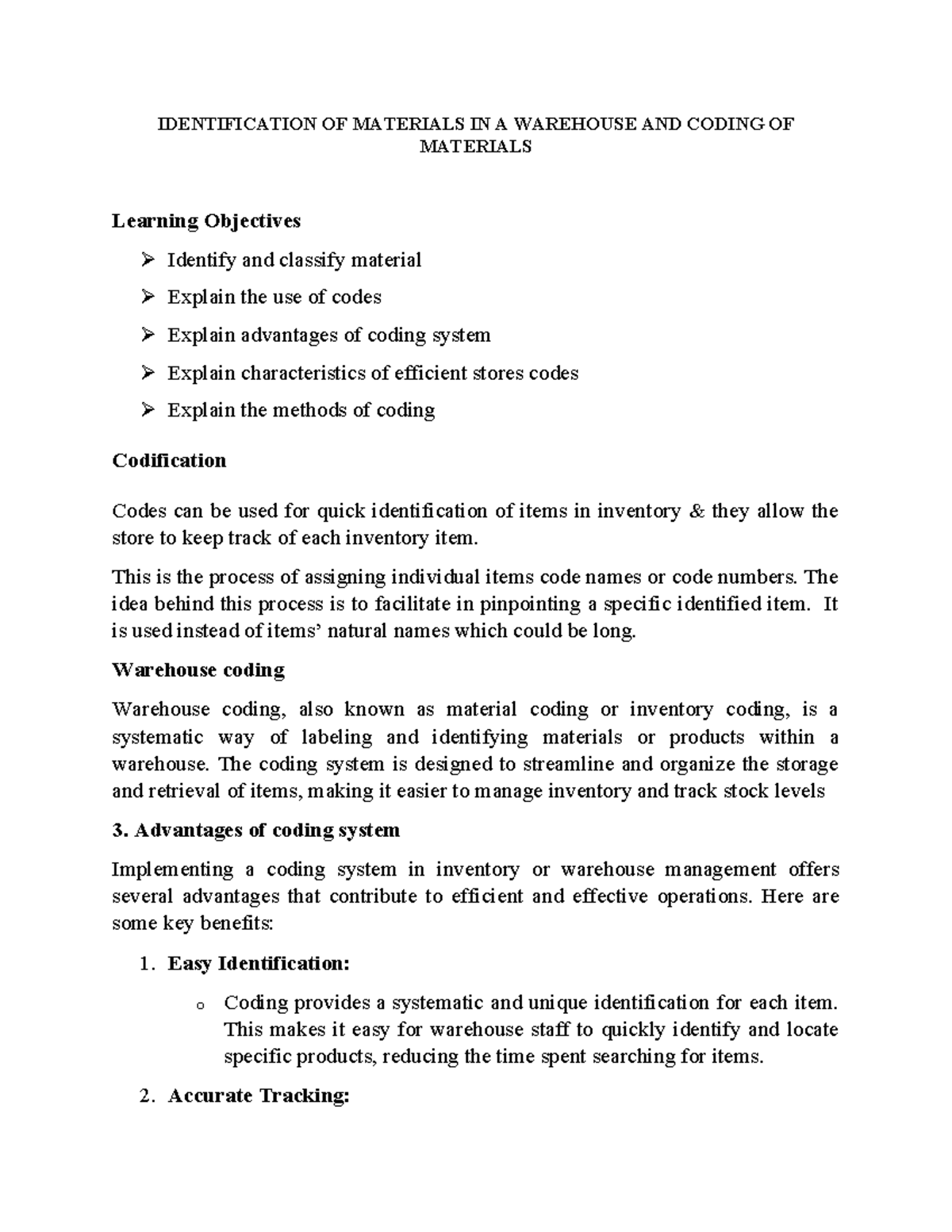 Materials Identification and Coding in Warehouse Management - Studocu