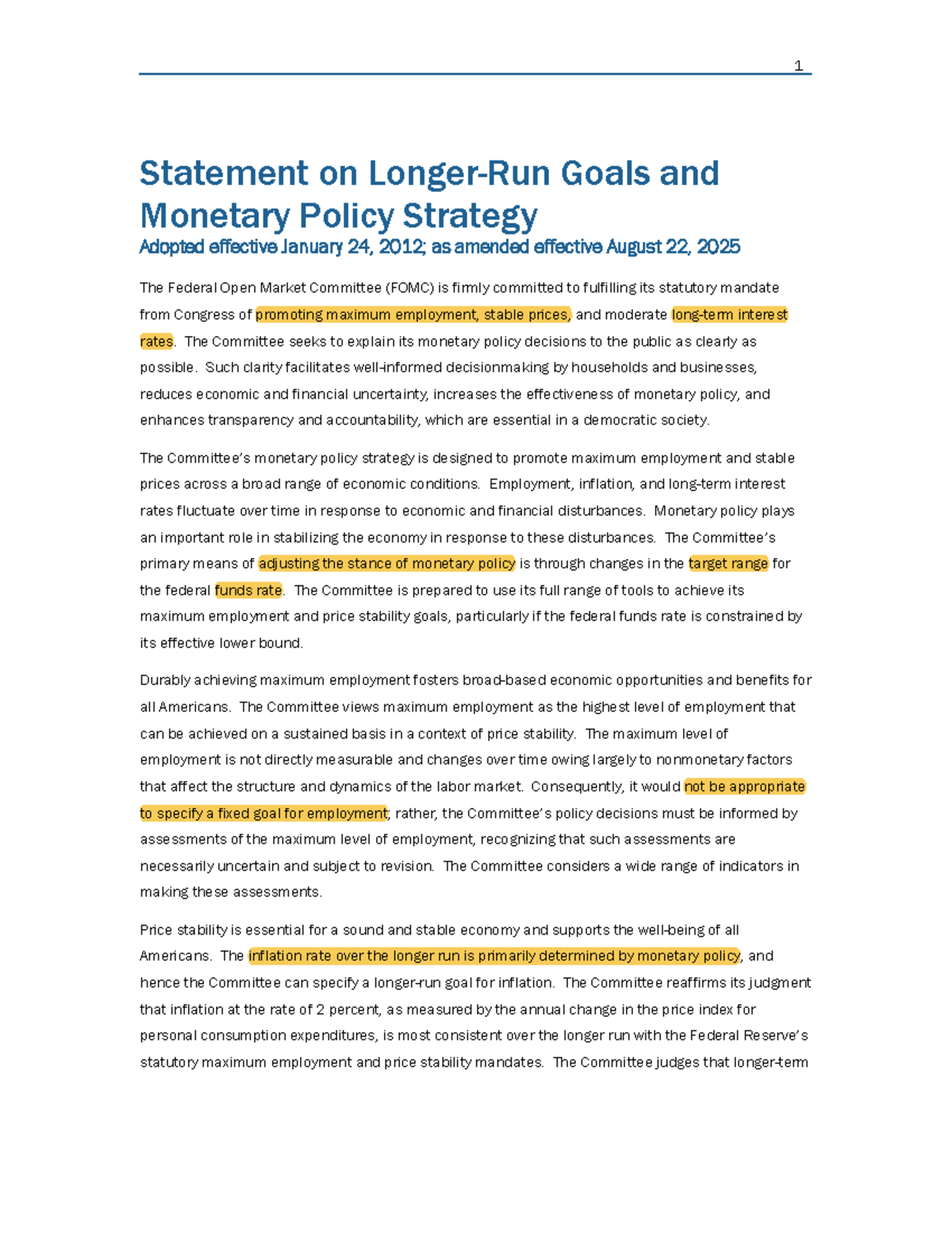 FOMC Monetary Policy Strategy & Goals - Class Paper - Studocu