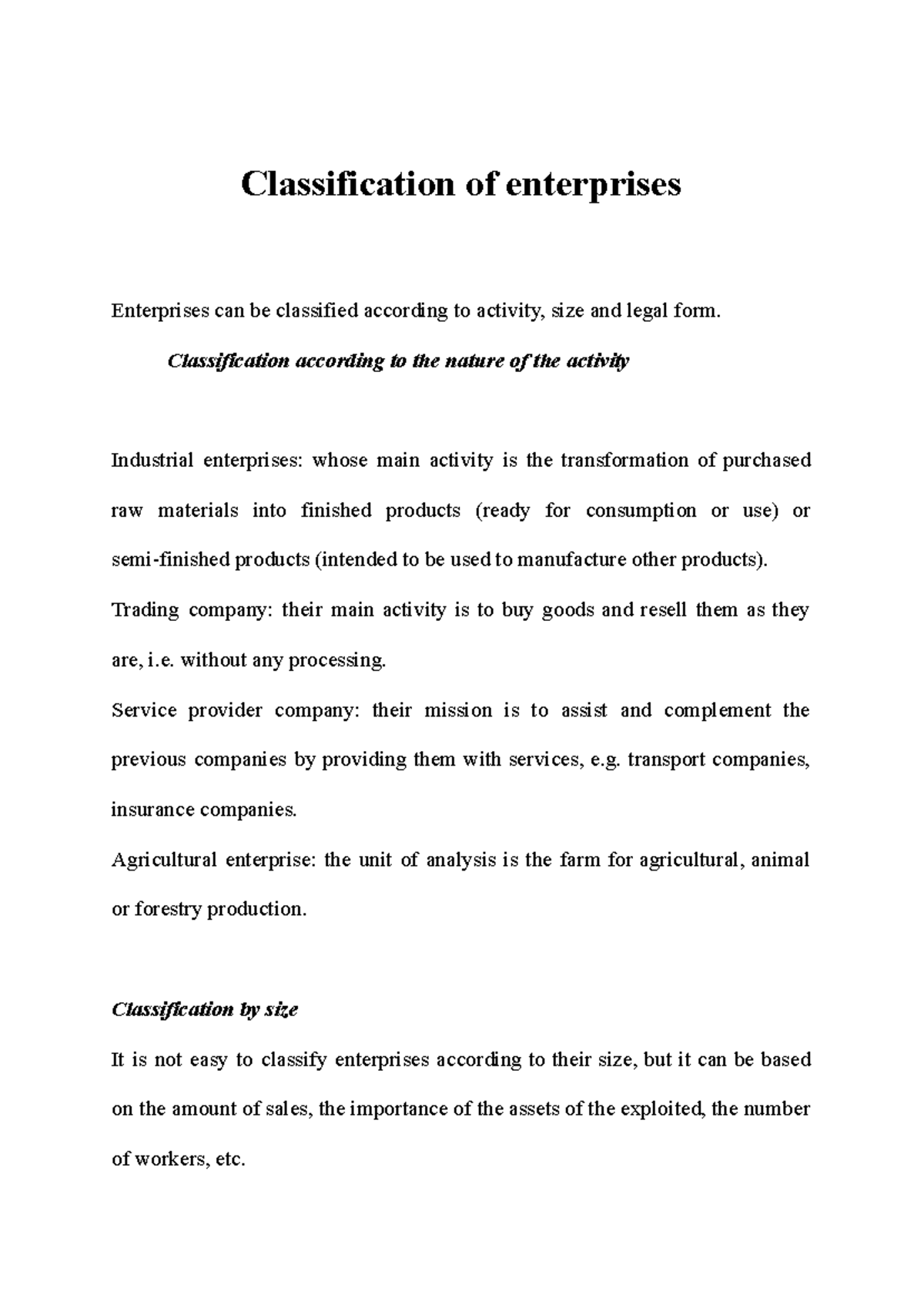 Classification of Enterprises: Activity, Size, and Legal Form - Studocu
