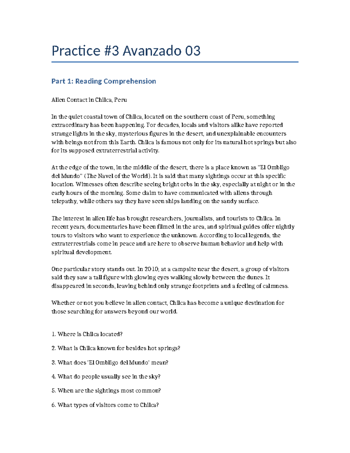 Practice 3 Avanzado 03: Reading Comprehension on Alien Contact in ...
