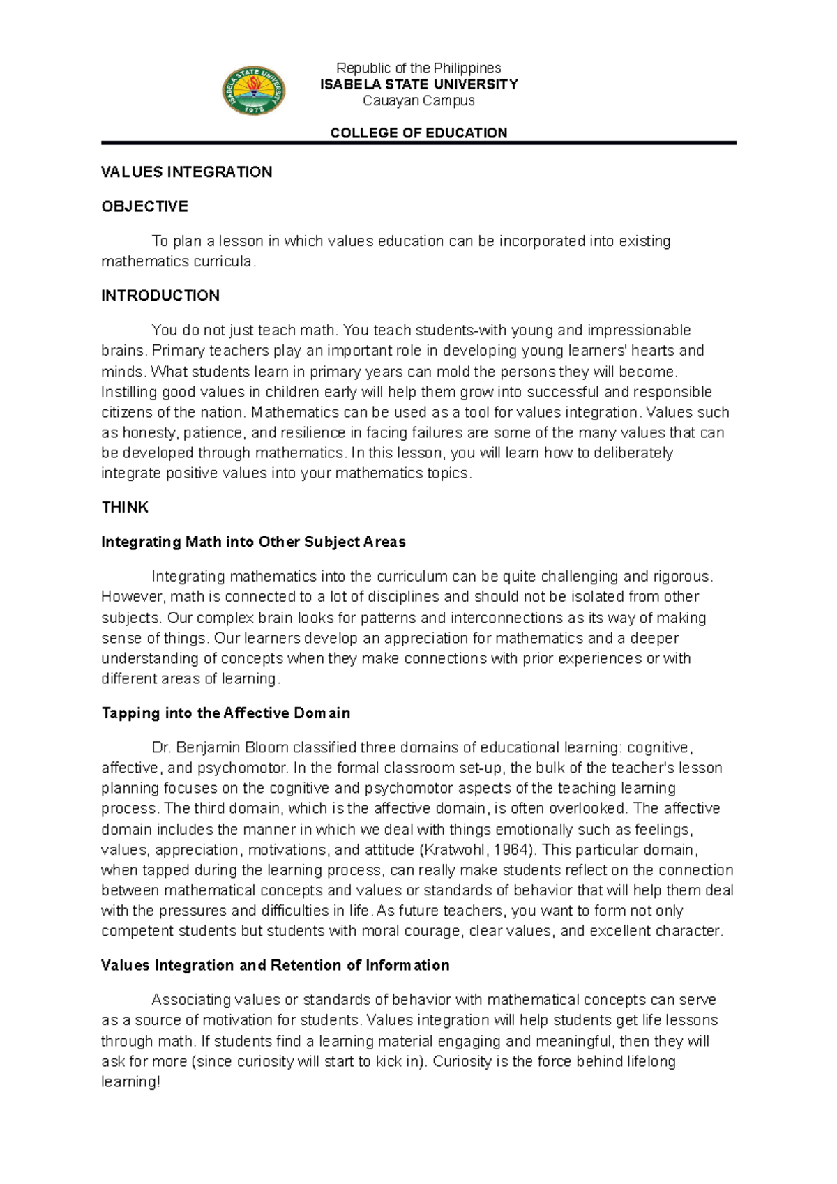 Values Integration lesson 14 - Copy - Republic of the Philippines ISABELA STATE UNIVERSITY ...