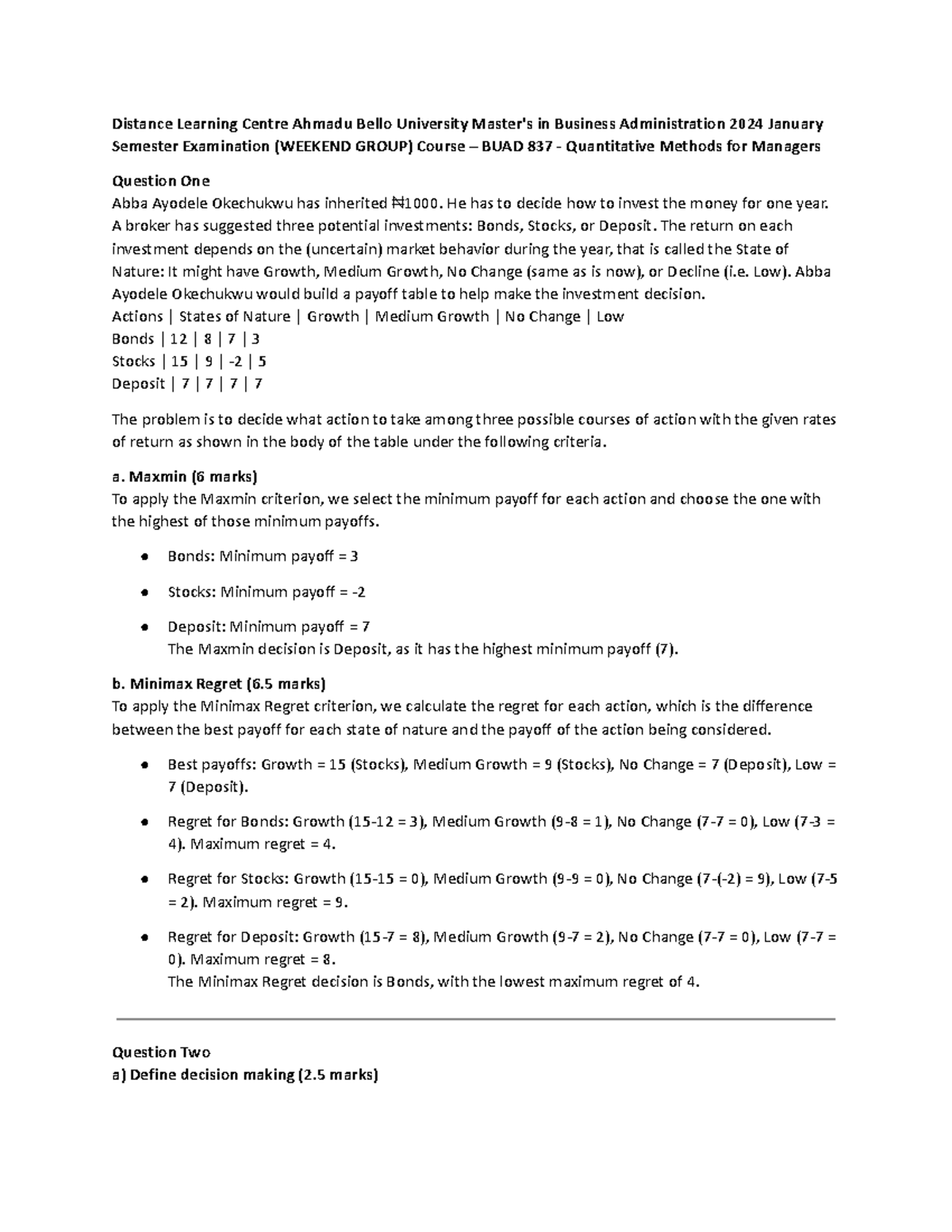Distance Learning Centre ABU: BUAD 837 Quantitative Methods Exam Solutions - Studocu