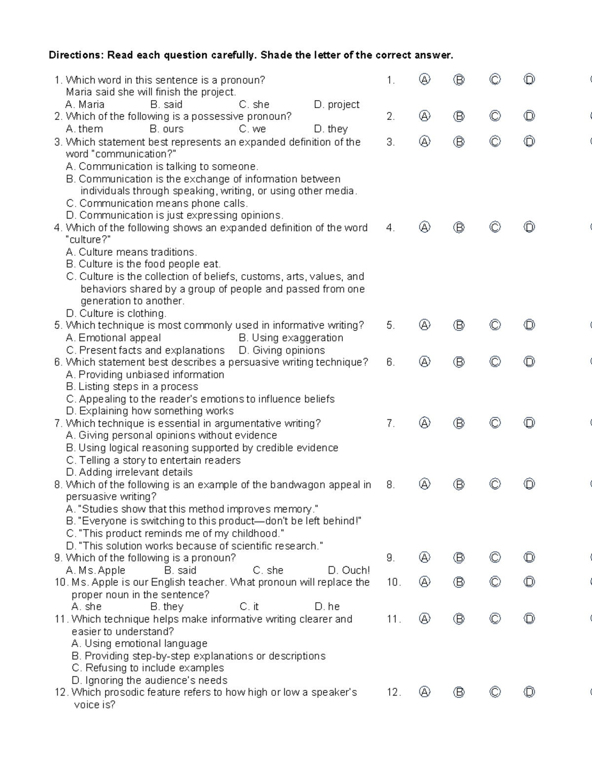 NCAE Reviewer: English Pronouns and Writing Techniques - Studocu