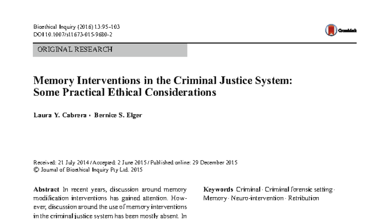 Memory Interventions in Criminal Justice: Ethical Considerations ...