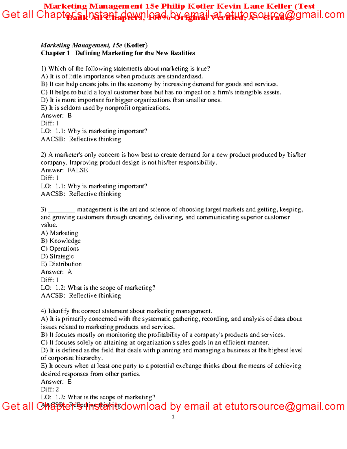 Test Bank for Marketing Management 15e: Key Concepts & Questions - Studocu