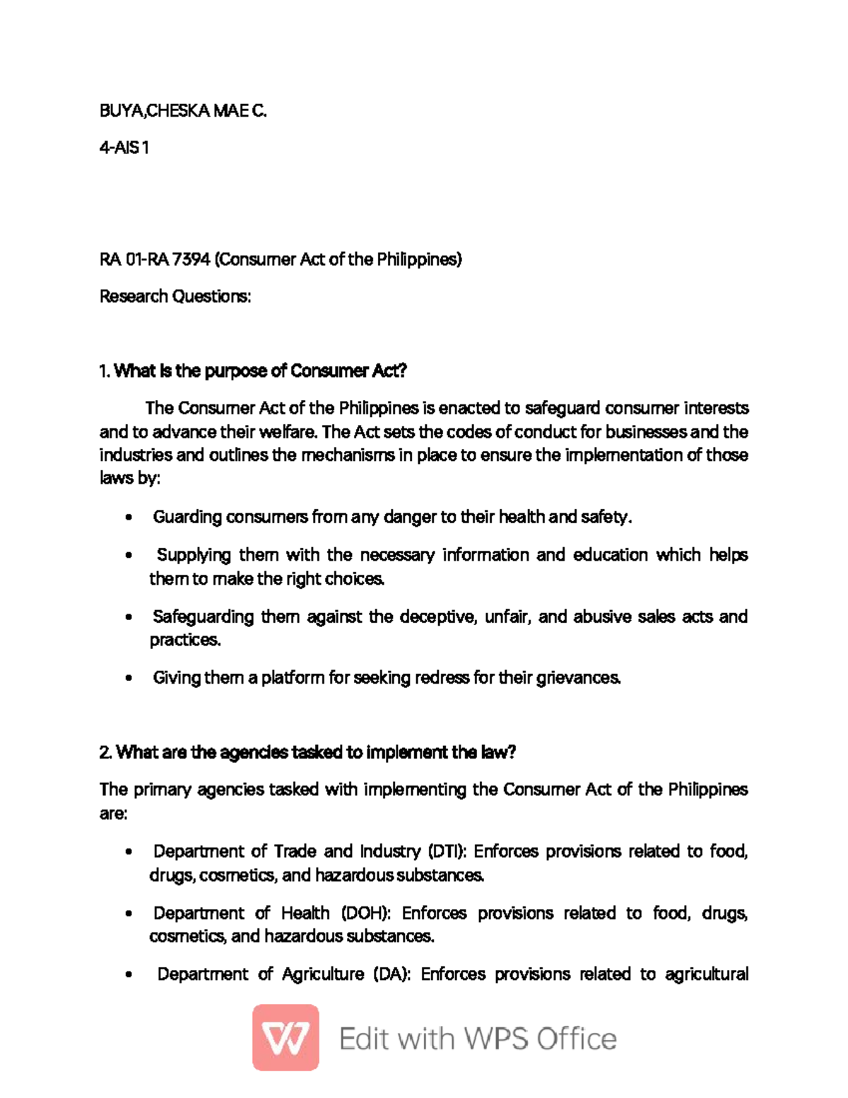 Research Questions on RA 7394: The Consumer Act of the Philippines ...