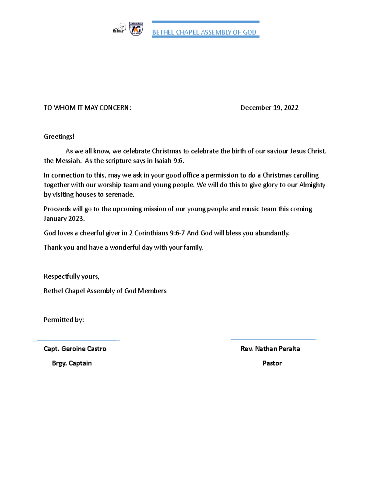Christmas Carolling Permission Request Letter - Bethel Chapel - Studocu