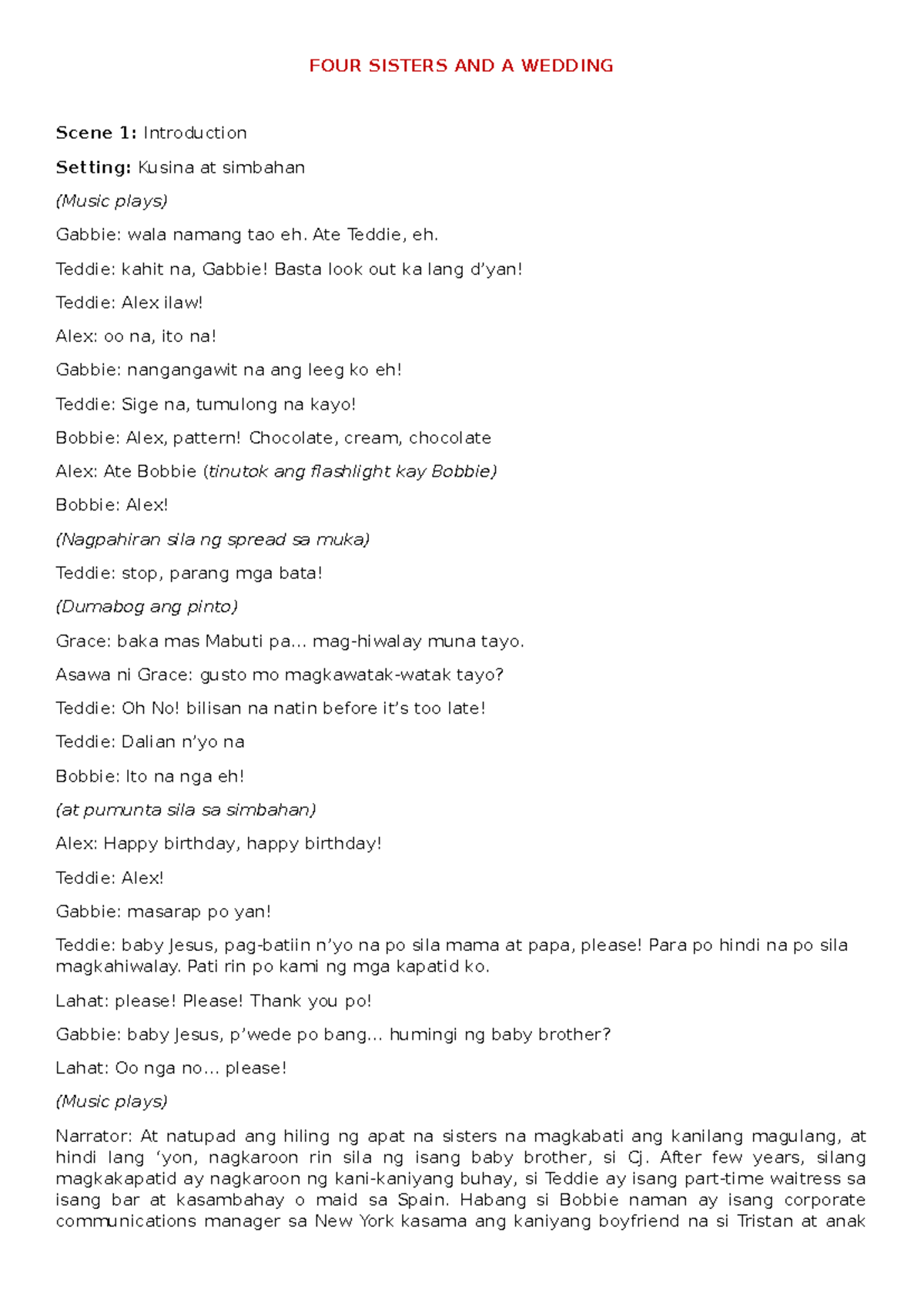 FOUR SISTERS AND A WEDDING: Script for Class Dramatic Arts - Studocu