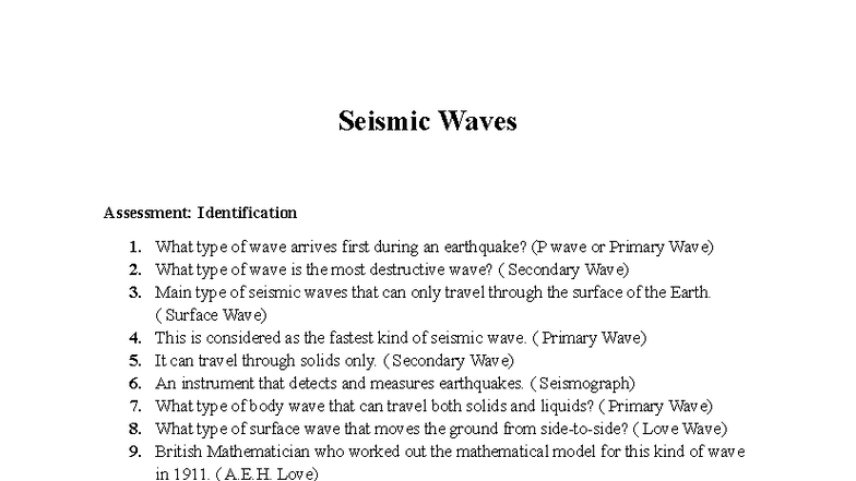 Seismic Waves Assessment: Types and Characteristics - Studocu