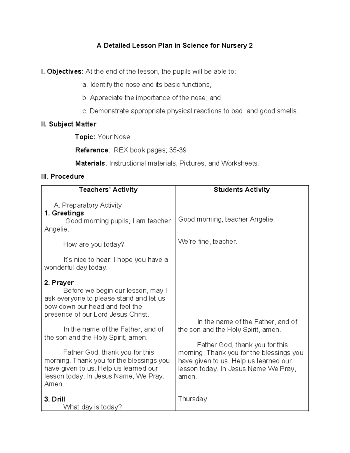 Detailed Lesson Plan: Science for Nursery 2 - Your Nose - Studocu