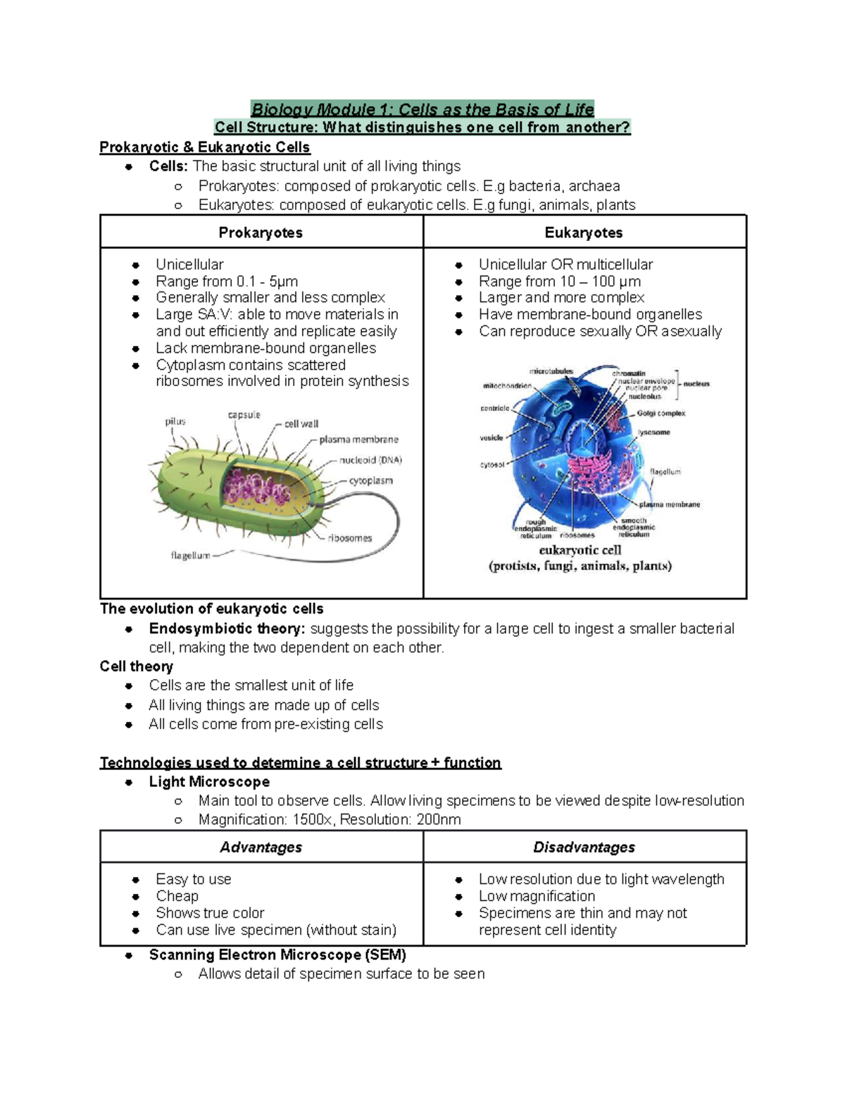 Biology Year 11 Module 1: Cells as the Basis of Life Overview - Studocu