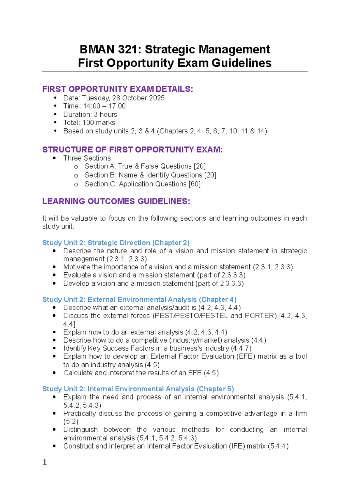 BMAN 321: Strategic Management 1st Opportunity Exam Guidelines - Studocu