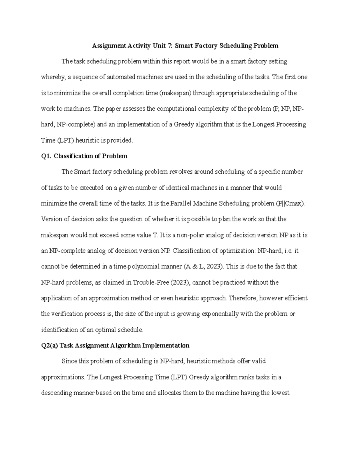 Unit 7 Assignment: Smart Factory Scheduling Problem Analysis - Studocu