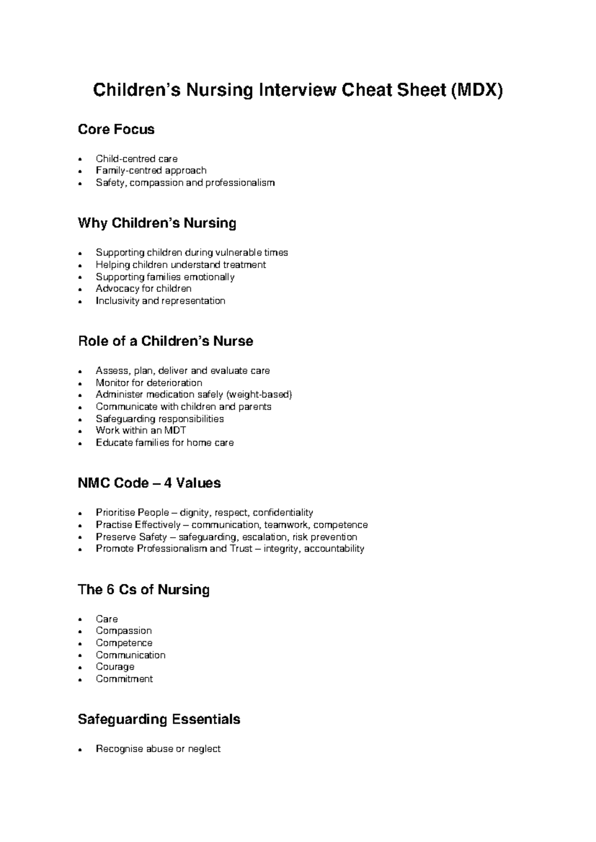MDX Children's Nursing Interview Cheat Sheet: Core Focus & Essentials ...