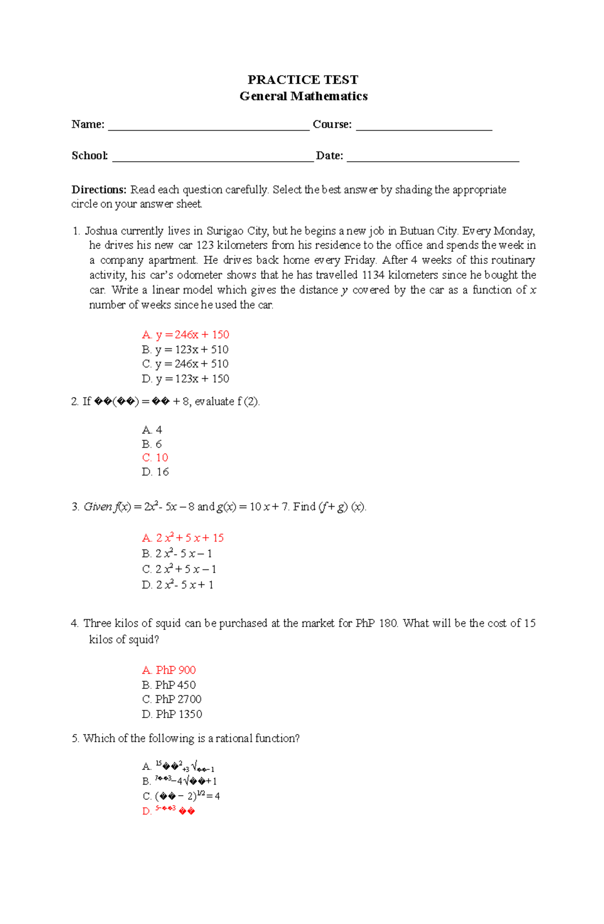 Key answer - Practice TEST General Mathematics - PRACTICE TEST General ...