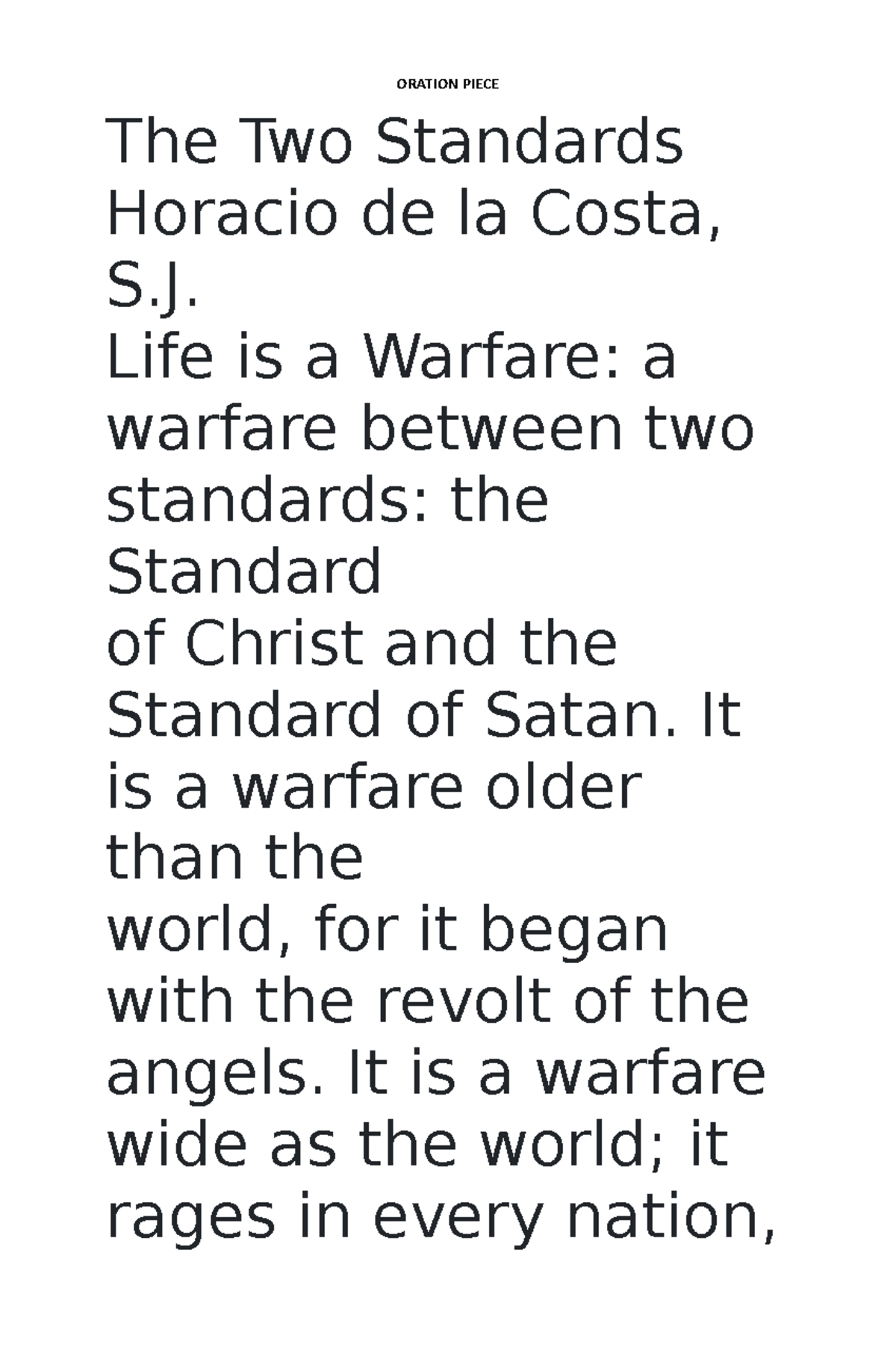 Oration Piece: The Two Standards by Horacio de la Costa, S.J. - Studocu