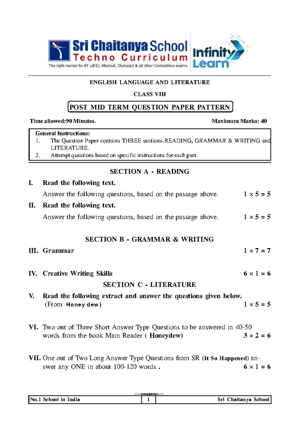 CBSE English Class VIII Post Midterm Question Paper Pattern - Studocu