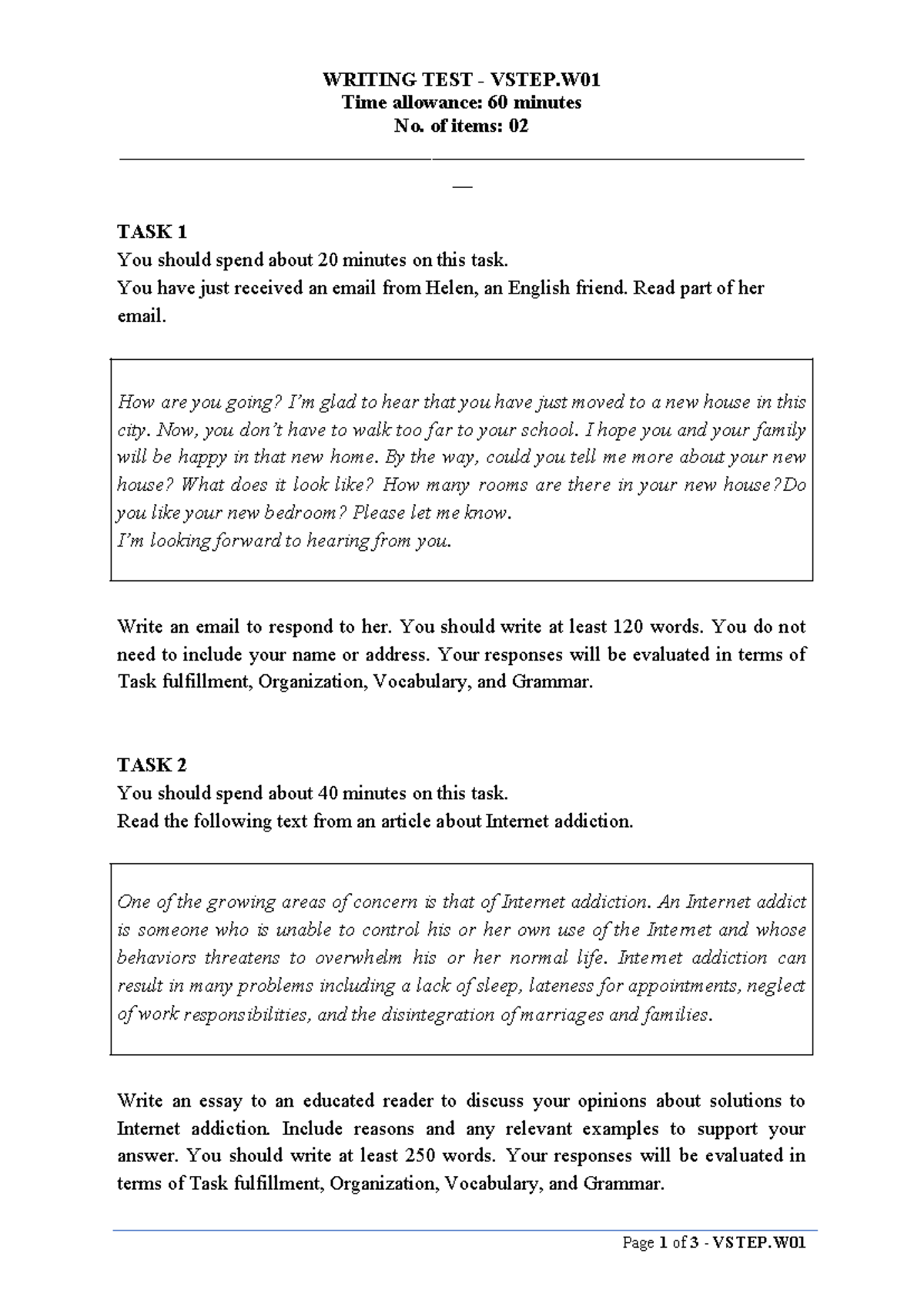 VSTEP.W01 Writing Test: Email Response & Essay on Internet Addiction ...