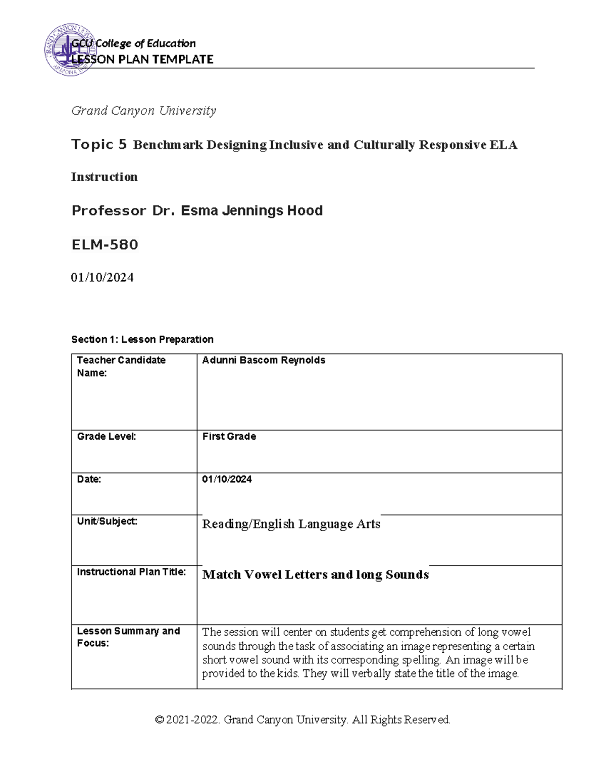 ELM- Lesson Plan: Designing Culturally Responsive ELA for First Graders ...