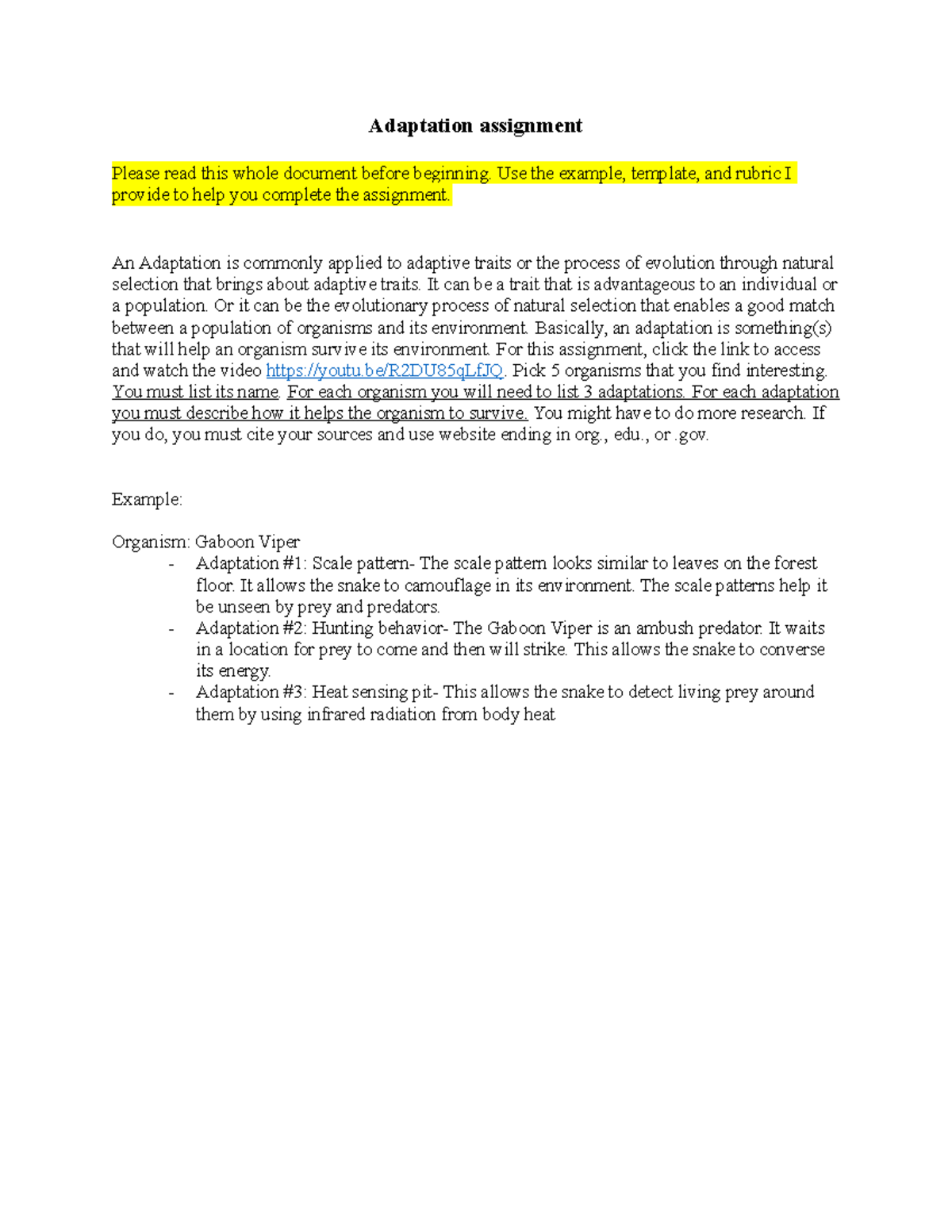 Adaptation assignment - Adaptation assignment Please read this whole ...