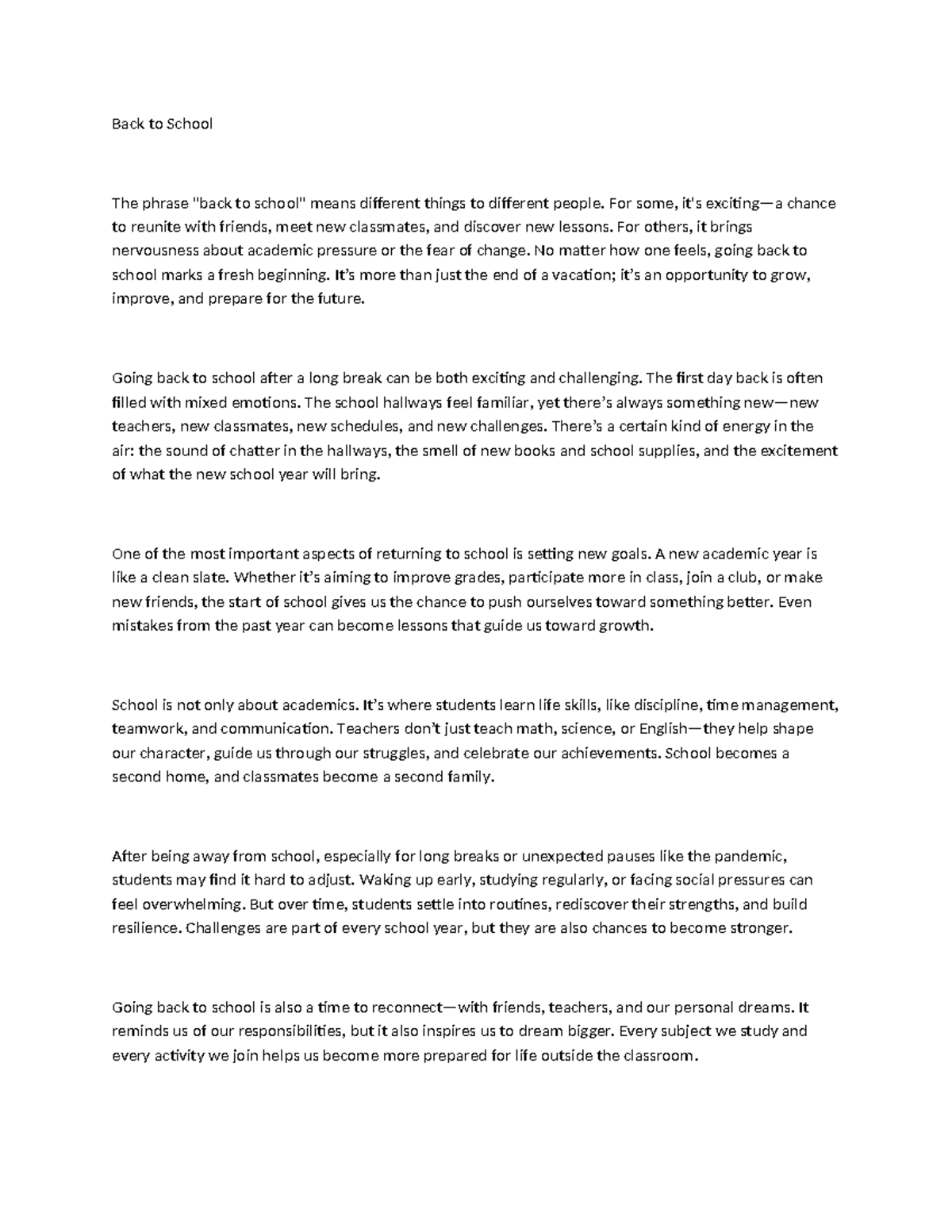 Back to School Essay: Embracing New Beginnings and Challenges - Studocu